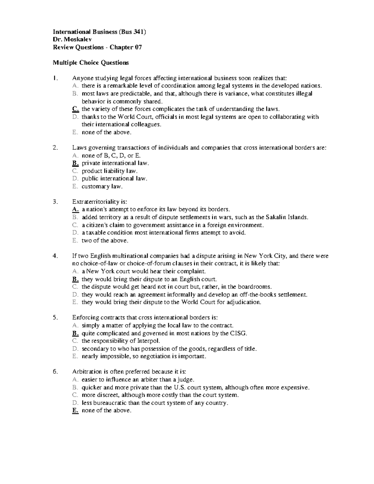 Review Ch7 Yes Answers - International Business (Bus 341) Dr. Moskalev ...