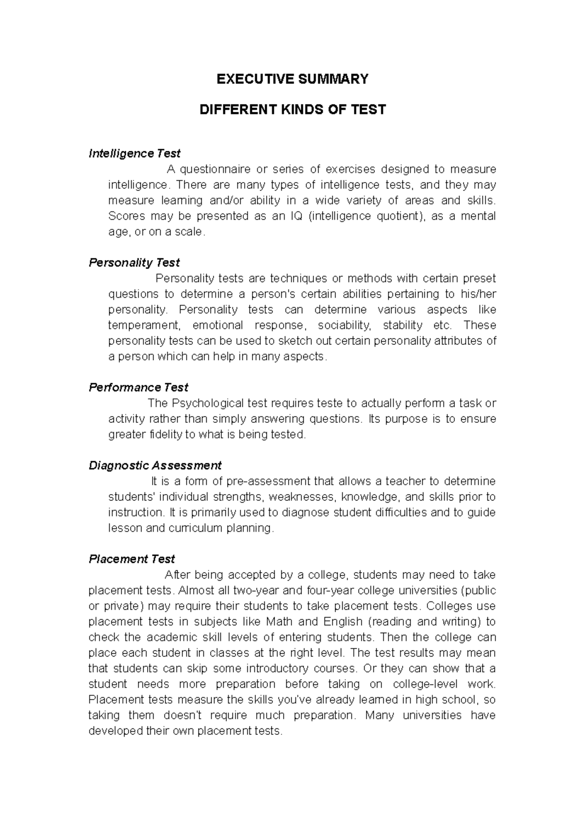 Kinds of Test Practiced in The Classroom - EXECUTIVE SUMMARY DIFFERENT ...