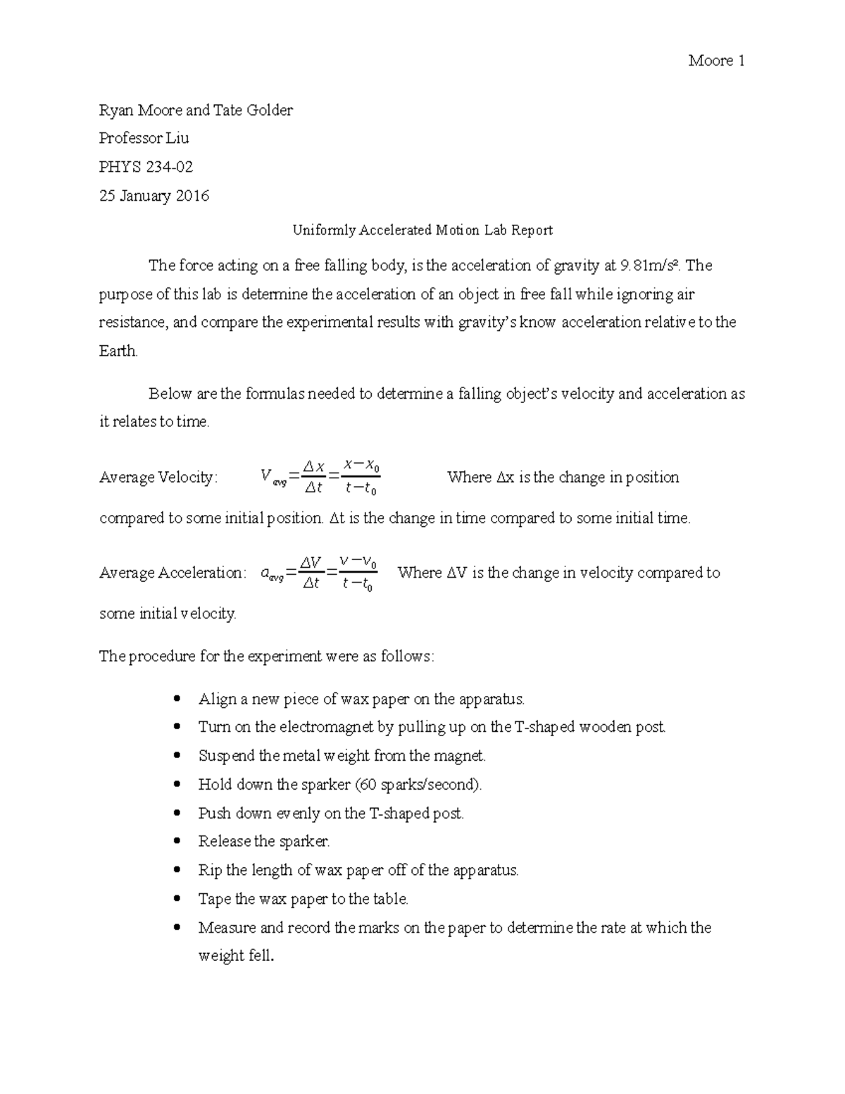 PHYS 234 Lab Report 2 Accelerated Motion - Ryan Moore and Tate Golder ...