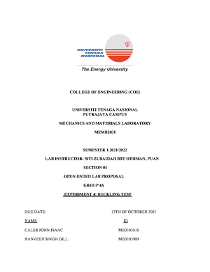 Open Ended Lab Manual Experiment 5:Mechanics of Materials - COLLEGE OF ...