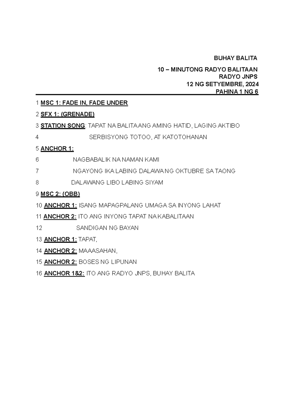 Buhay Balita - 10 – MINUTONG RADYO BALITAAN RADYO JNPS 12 NG SETYEMBRE ...