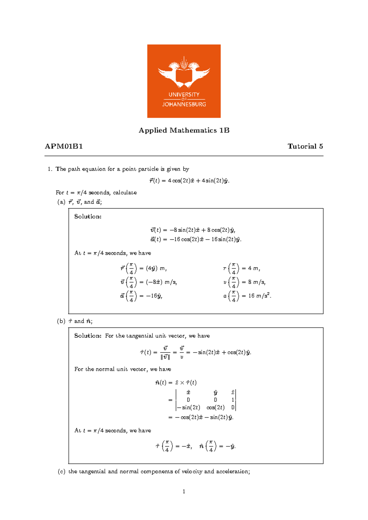 2024apm01a1 t05 solutions - Applied Mathematics 1B APM01B1 Tutorial 5 The path equation for a ...