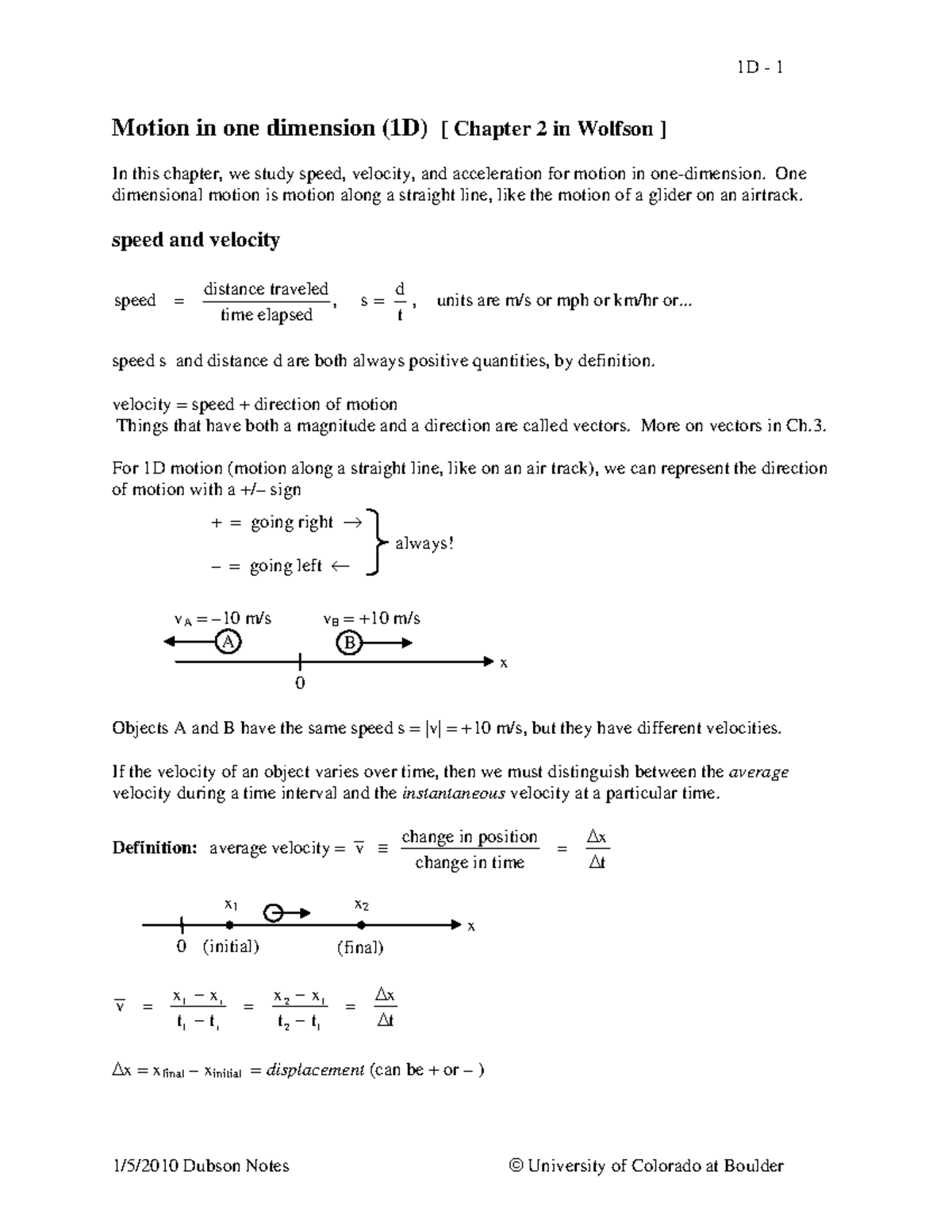 Motion in 1D Notes - Motion in one dimension (1D) [ Chapter 2 in ...