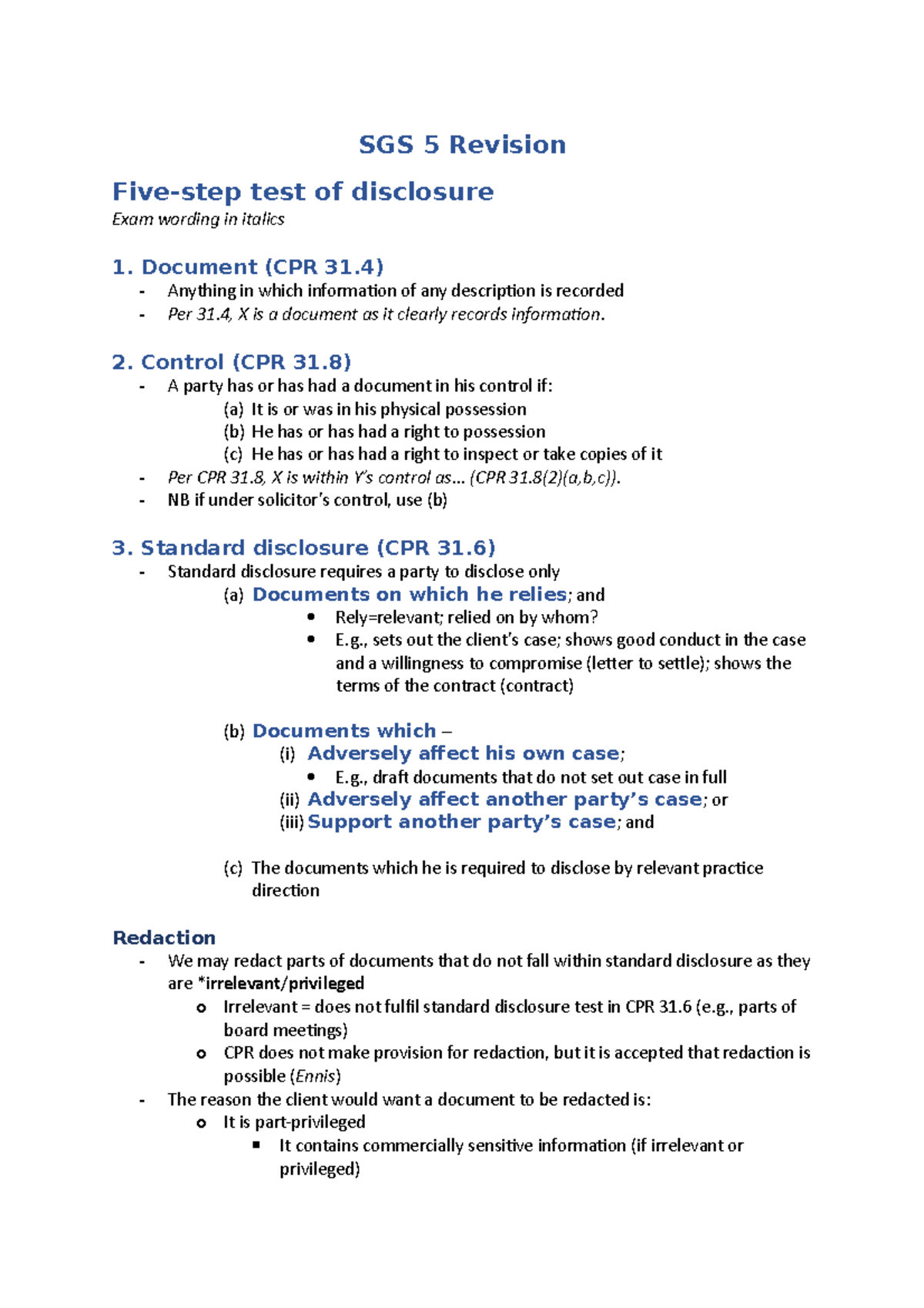 Civ SGS 5 Revision - Disclosure Answer Structure - SGS 5 Revision Five ...