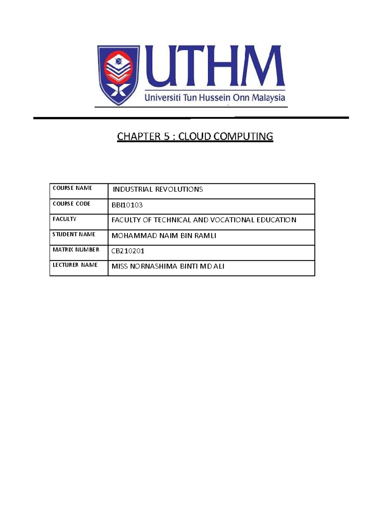 C5 - 123 - CHAPTER 5 : CLOUD COMPUTING COURSE NAME INDUSTRIAL REVOLUTIONS COURSE CODE BBI ...