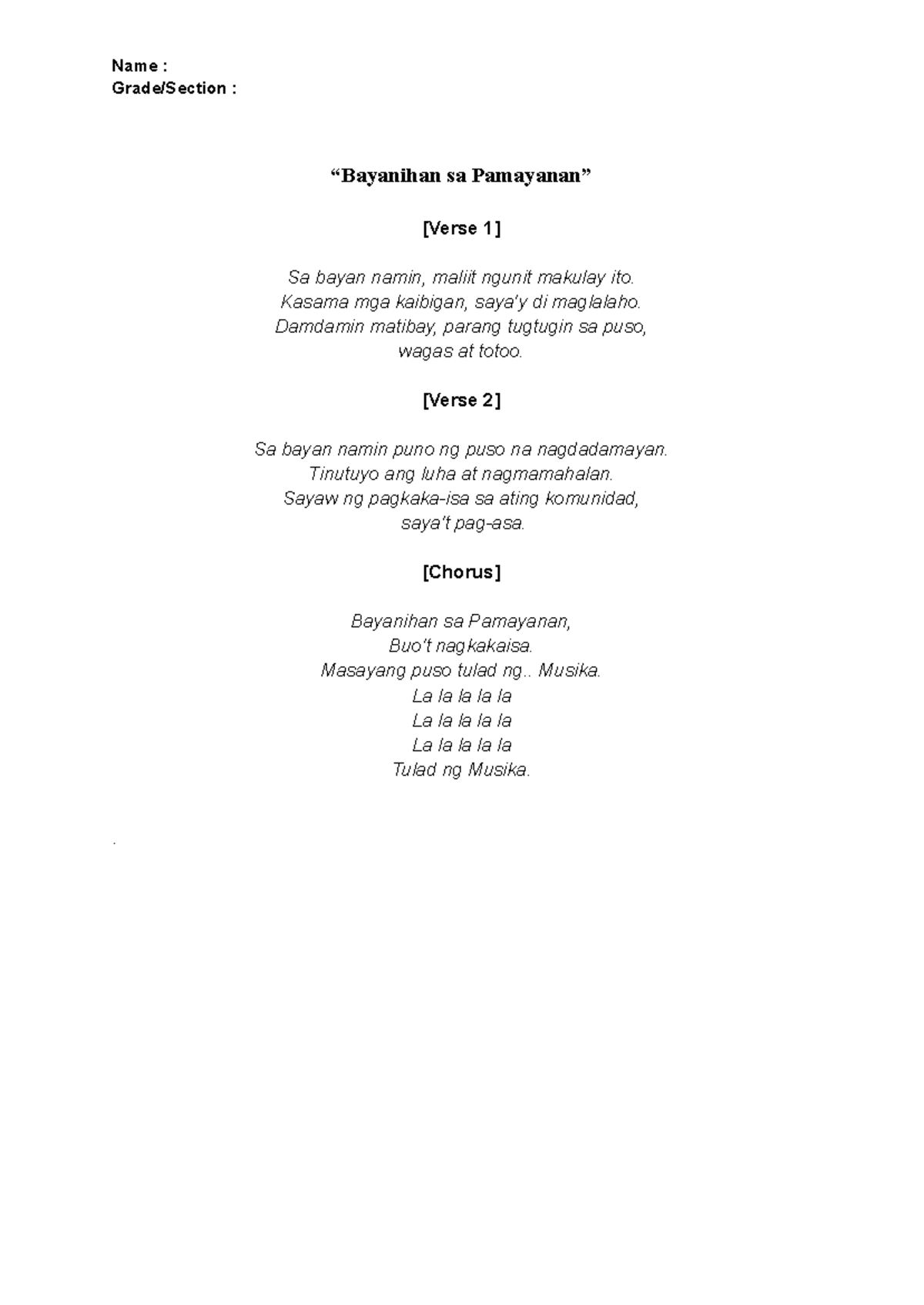 Bayanihan sa Pamayanan - Name : Grade/Section : “Bayanihan sa Pamayanan ...