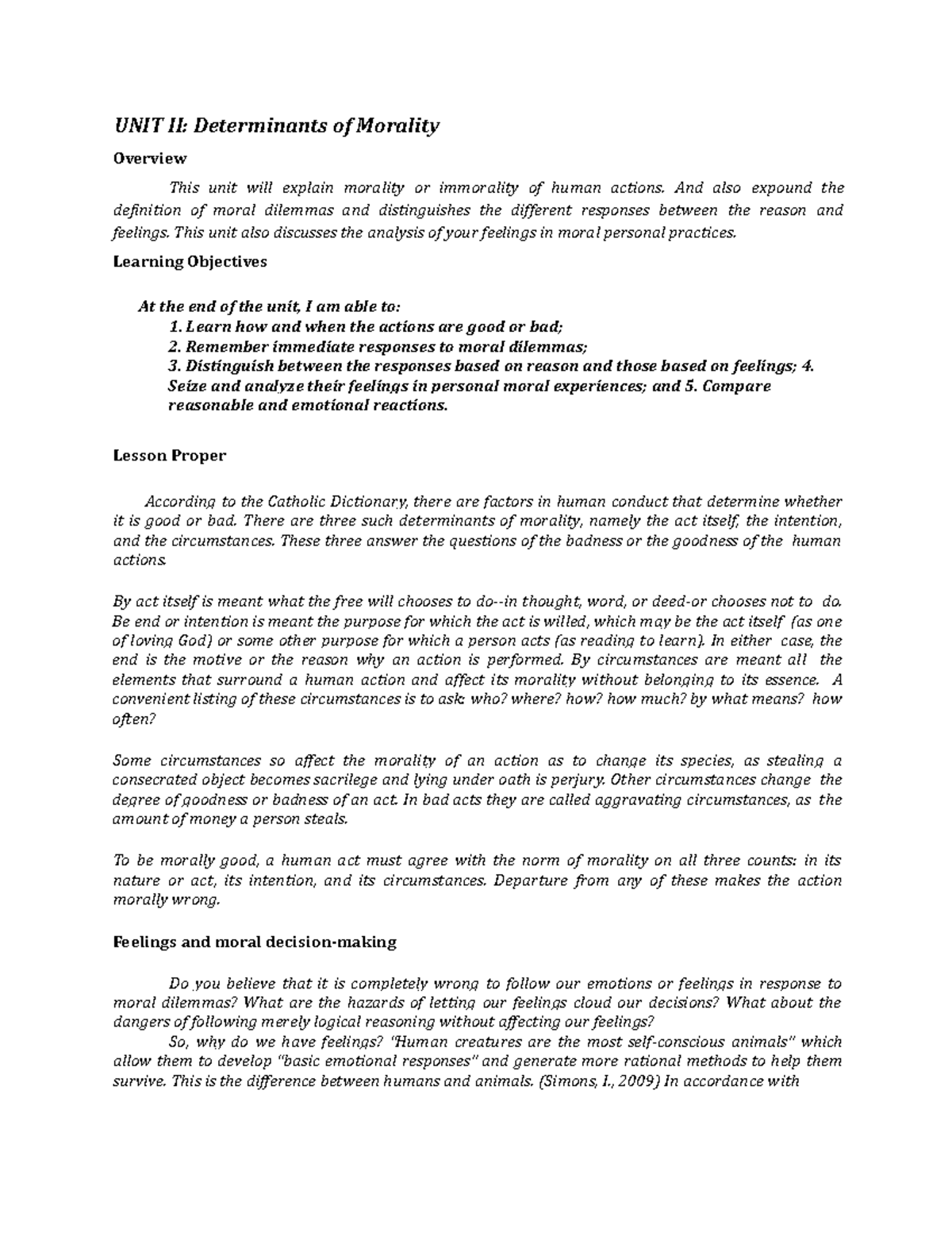 UNIT II - Ethics Module in Philosophy - UNIT II: Determinants of ...