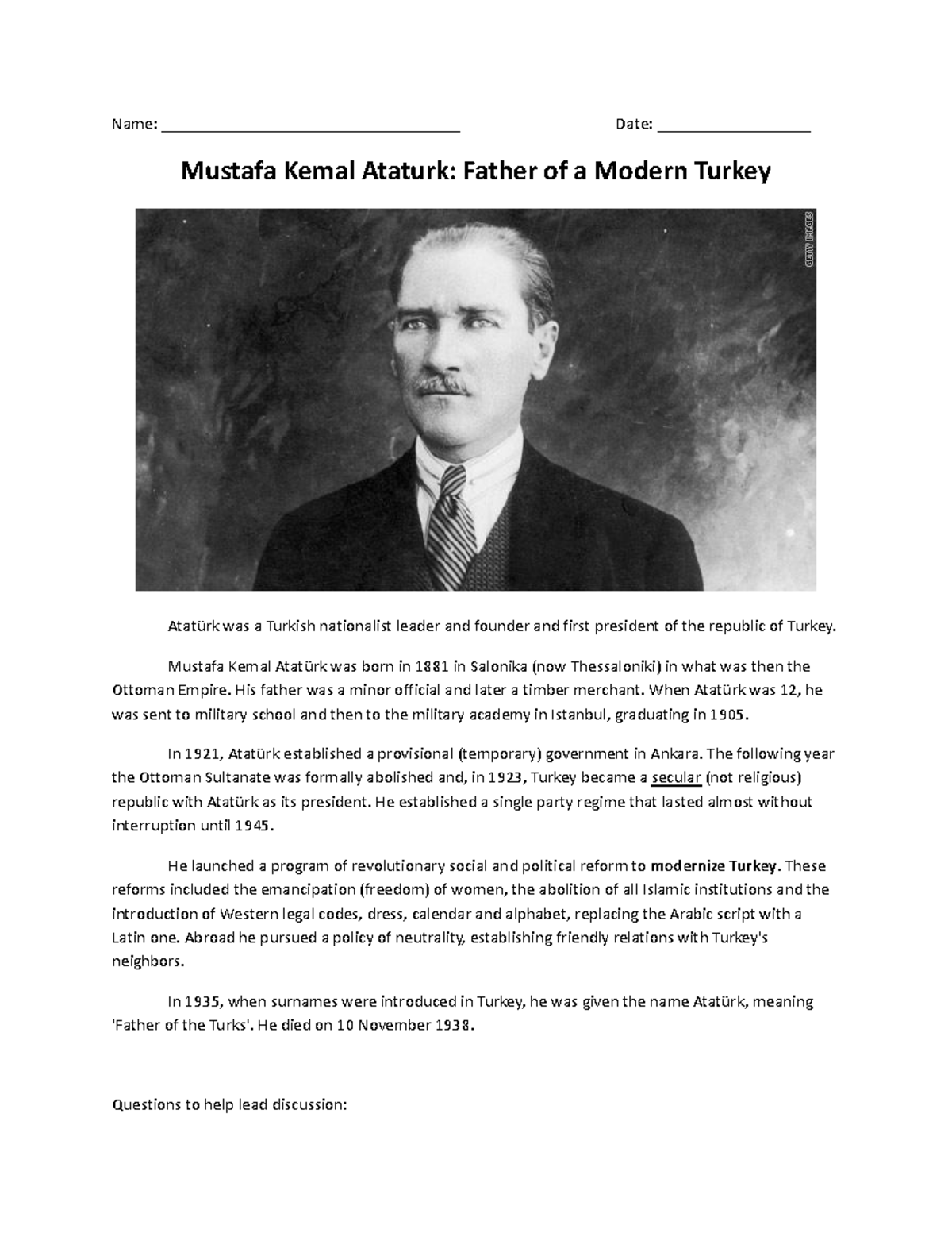 Ataturk - notes - Name: ___________________________________ Date ...