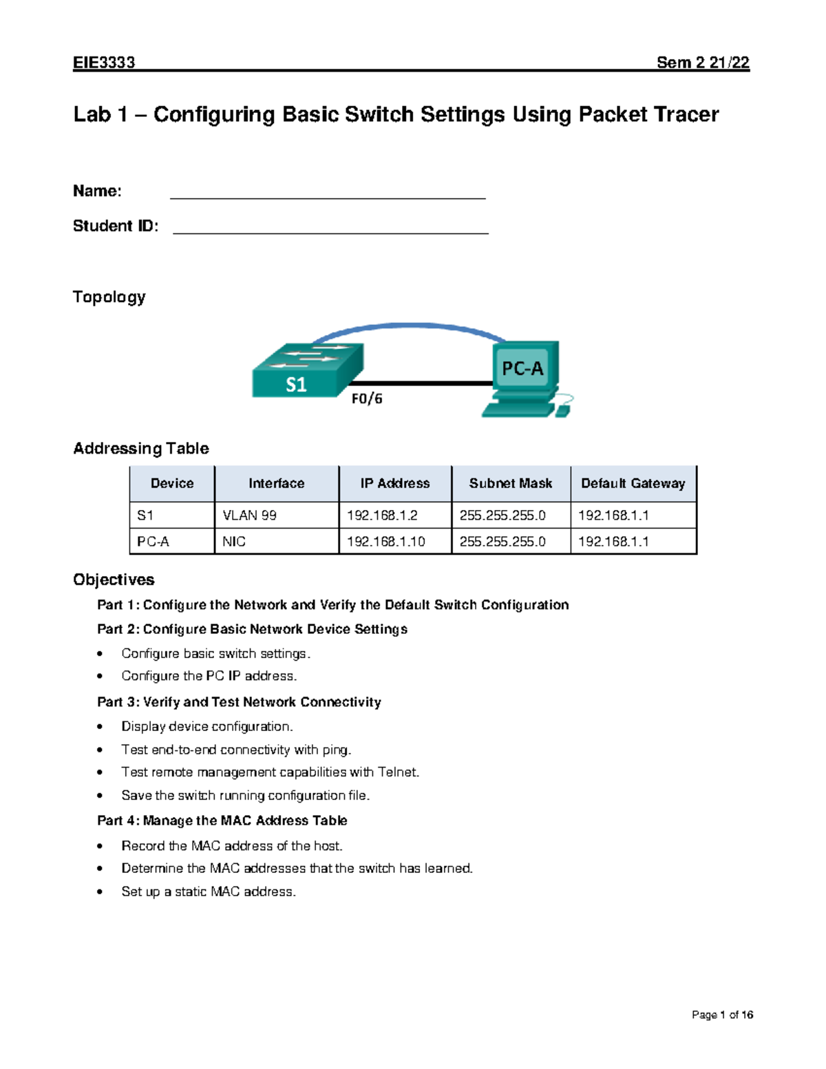 Lab 1 Configuring Basic Switch Settings Eie3333 Sem 2 21 Lab 1 Configuring Basic Switch
