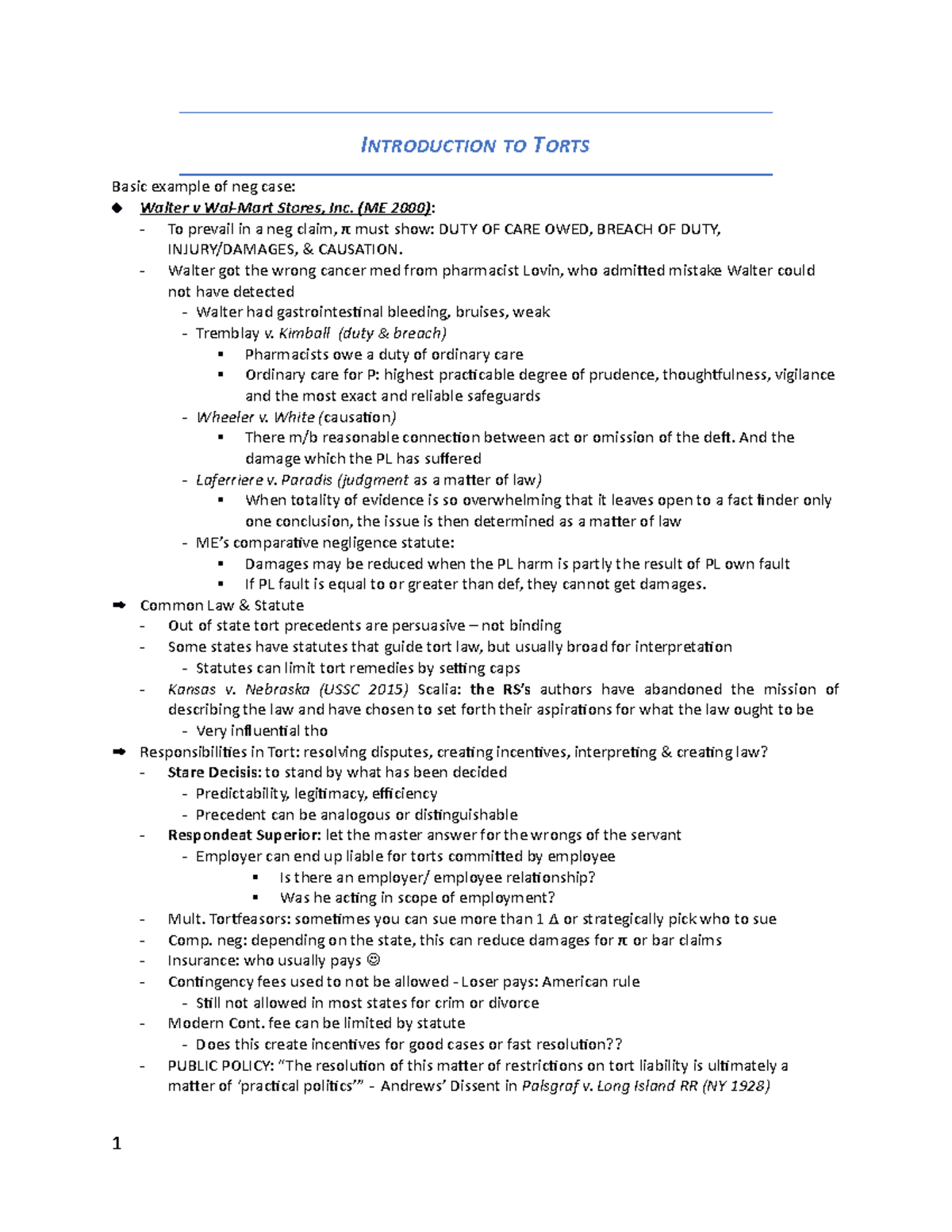 Torts Outline Professor Gold 2018 - INTRODUCTION TO TORTS Basic example ...