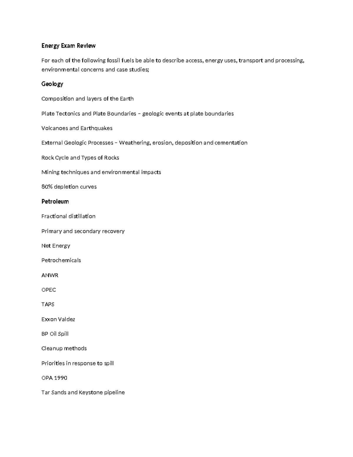 Energy Exam Review - Energy Exam Review For each of the following ...