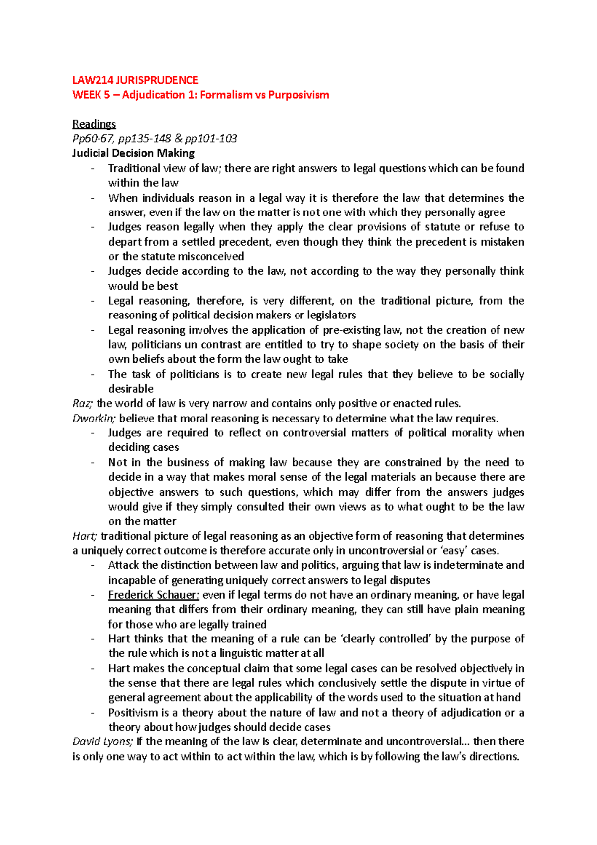 WEEK 5 – Adjudication 1- Formalism vs Purposivism - LAW214 ...