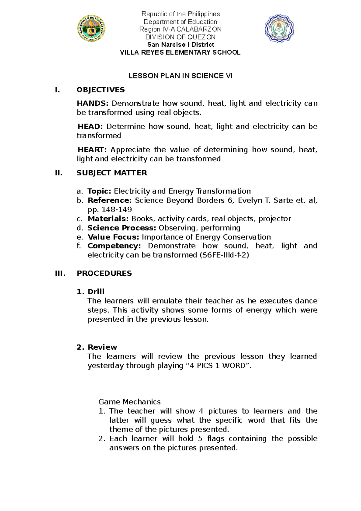 Lesson PLAN IN Science VI 2023 - LESSON PLAN IN SCIENCE VI I ...