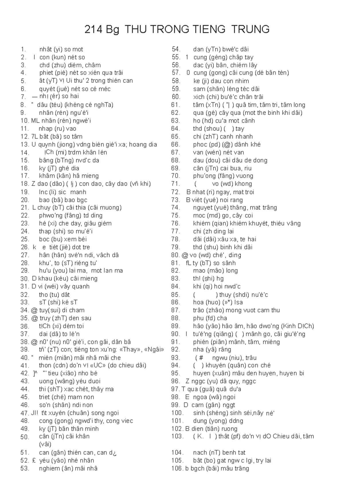 214 bo thu trong tieng trung - 214 Bg THU TRONG TIENG TRUNG nhât (yi) so mot 54. dan (yTn) bwé'c ...