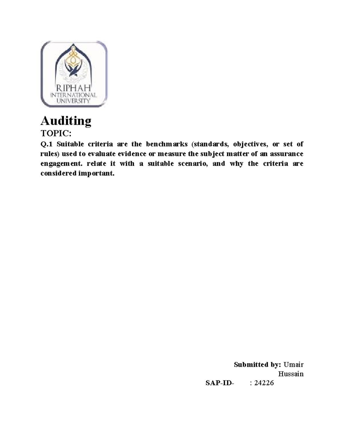 Assignment 1 It Is A Assignment Of Auditing Auditing Topic Q