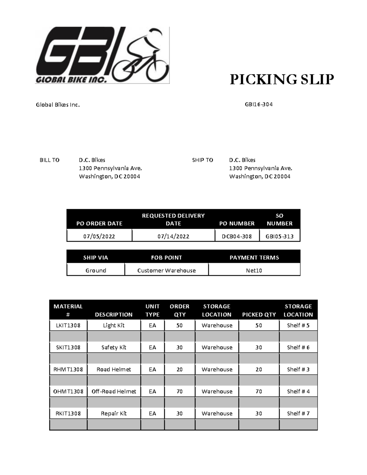 Picking Slip - Paper Projecy - PICKING SLIP Global Bikes Inc. GBI16 ...
