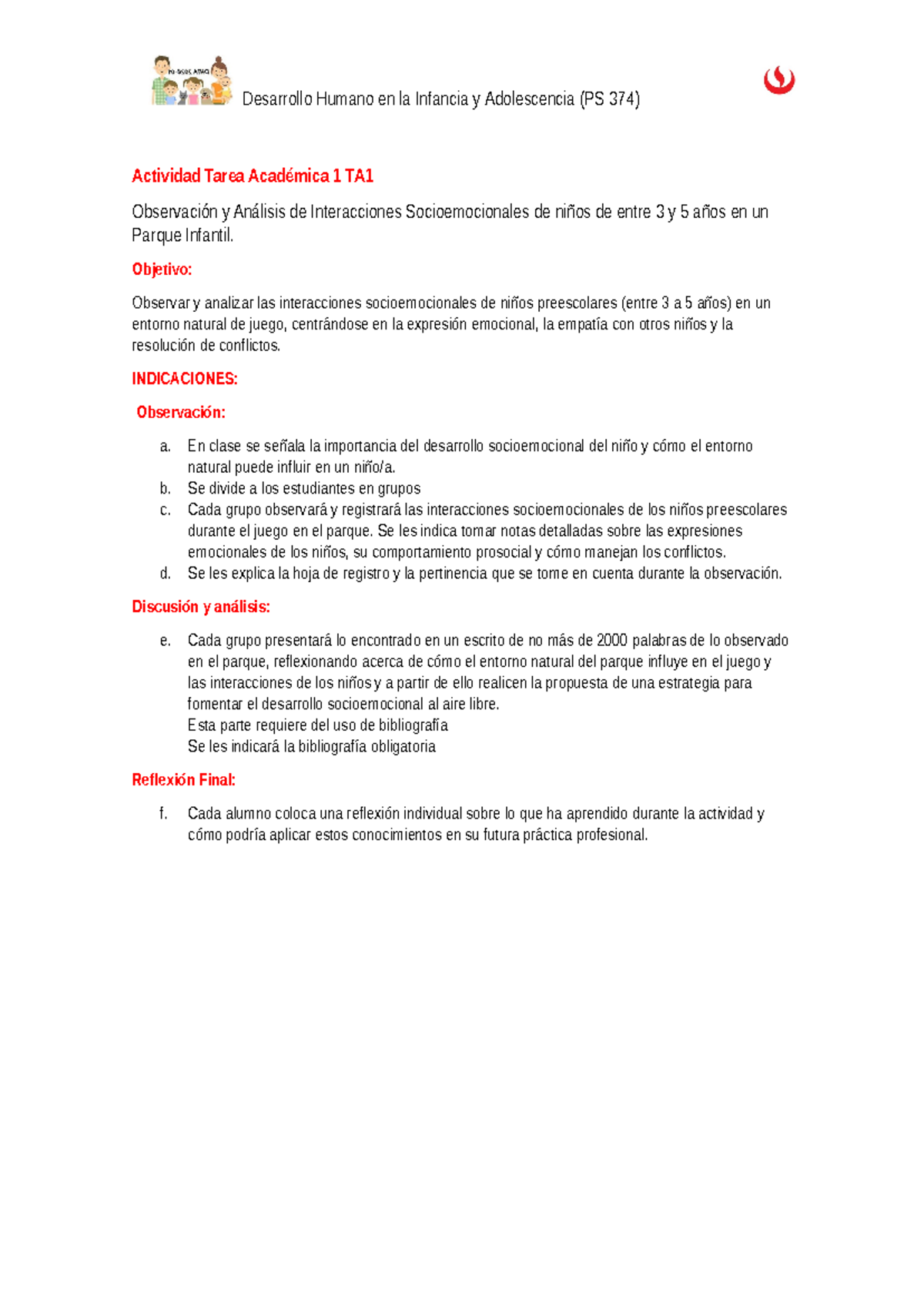 Tarea Académica 1 TA1 Sem 6 - Desarrollo Humano en la Infancia y Adolescencia (PS 374) Actividad ...