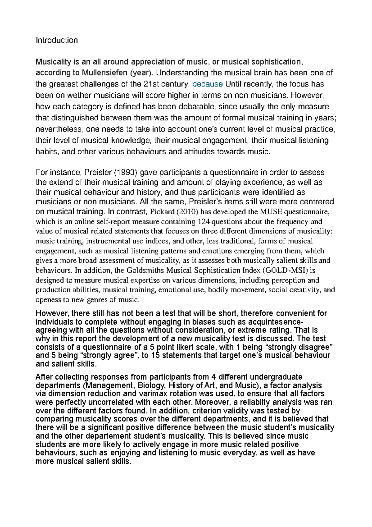 Musical scale report - Introduction Musicality is an all around ...