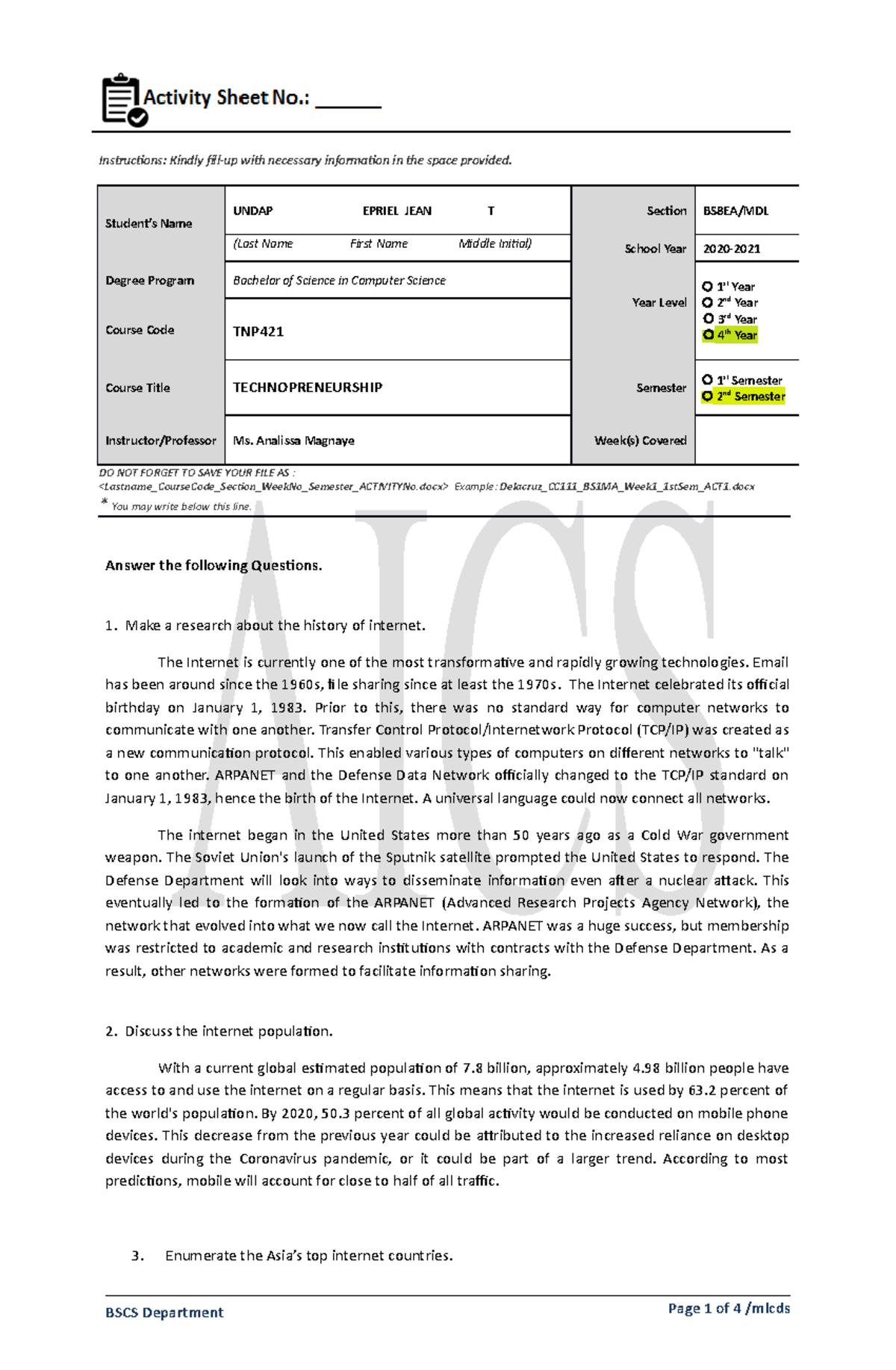 AICS -TNP421- Assignment #1 ( Midterm) - Instructions: Kindly fill-up ...