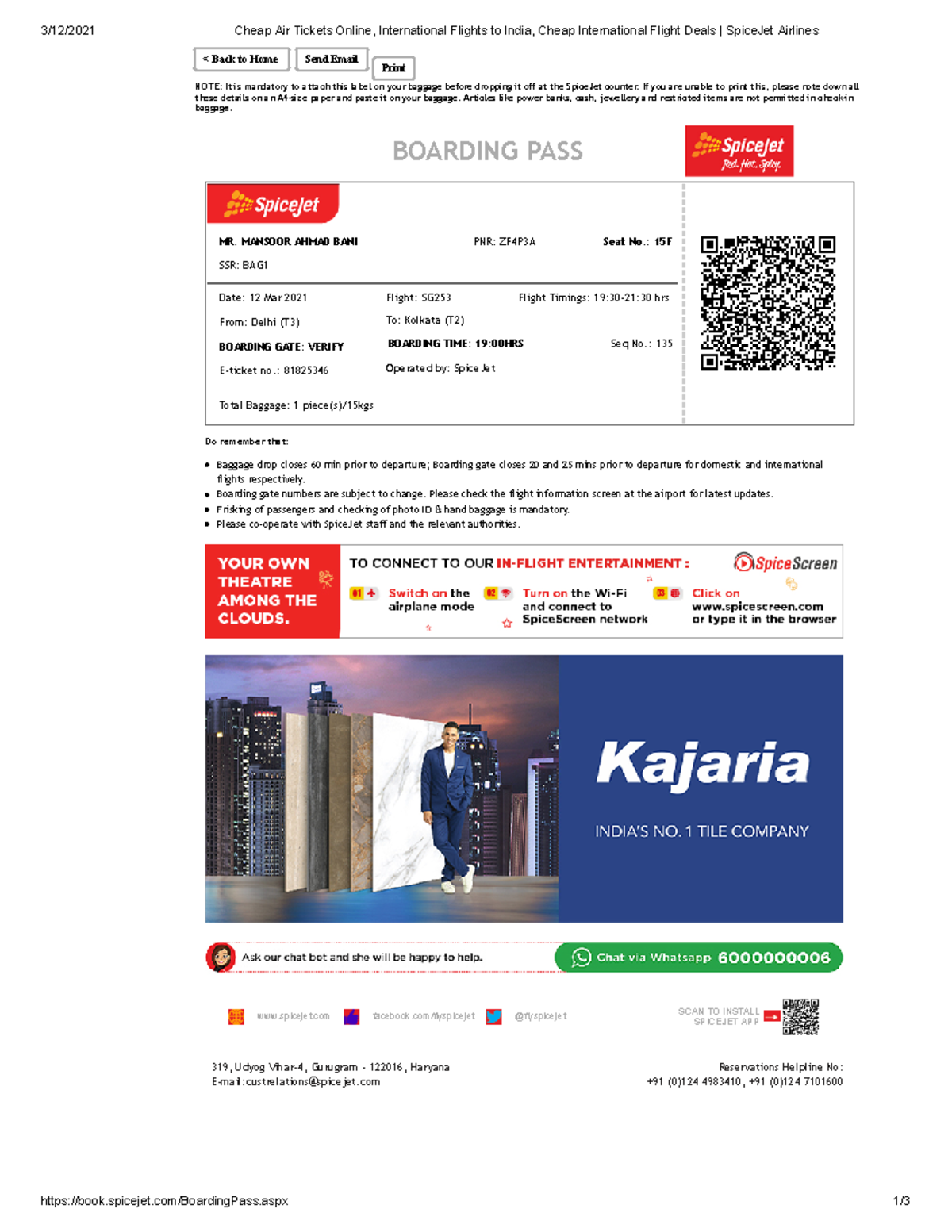 Spicejet Boarding Pass