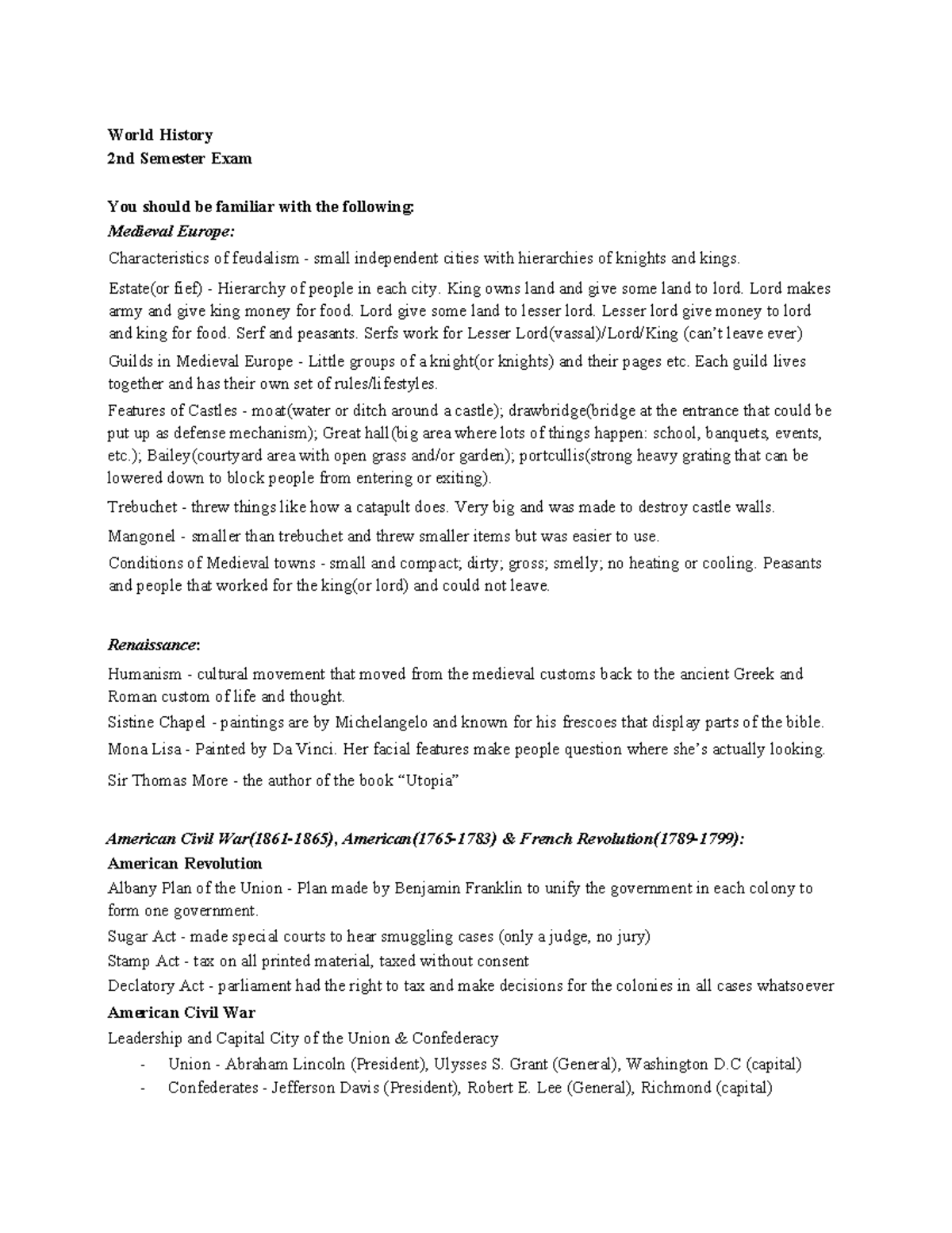 World History 2nd Semester Exam Review Sheet - World History 2nd ...