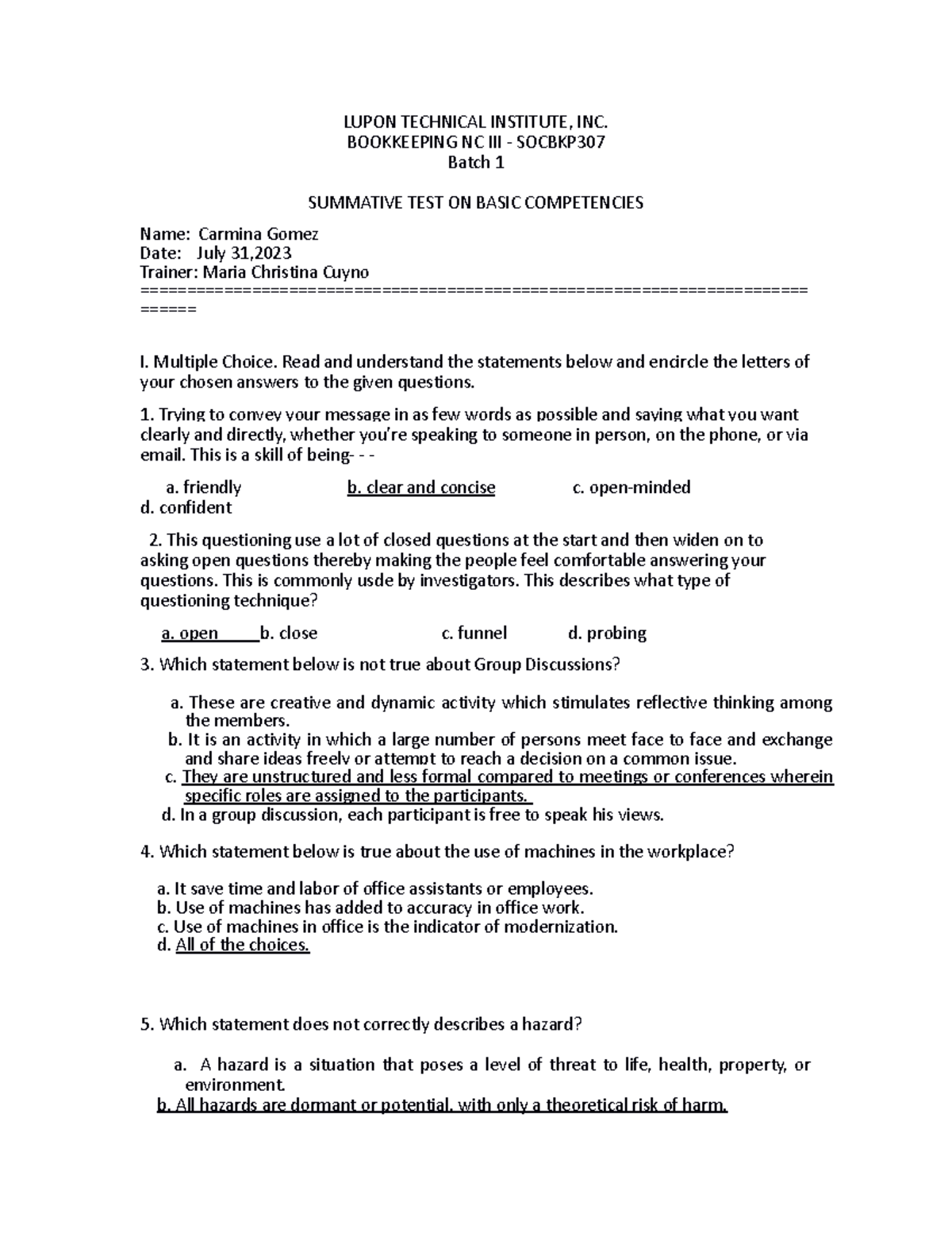 Bookeeping-TEST 2 - LUPON TECHNICAL INSTITUTE, INC. BOOKKEEPING NC III ...