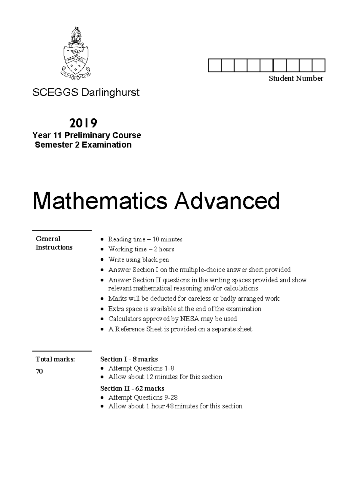 Sceggs 2019 3U Prelim Yearly & Solutions - Student Number SCEGGS ...