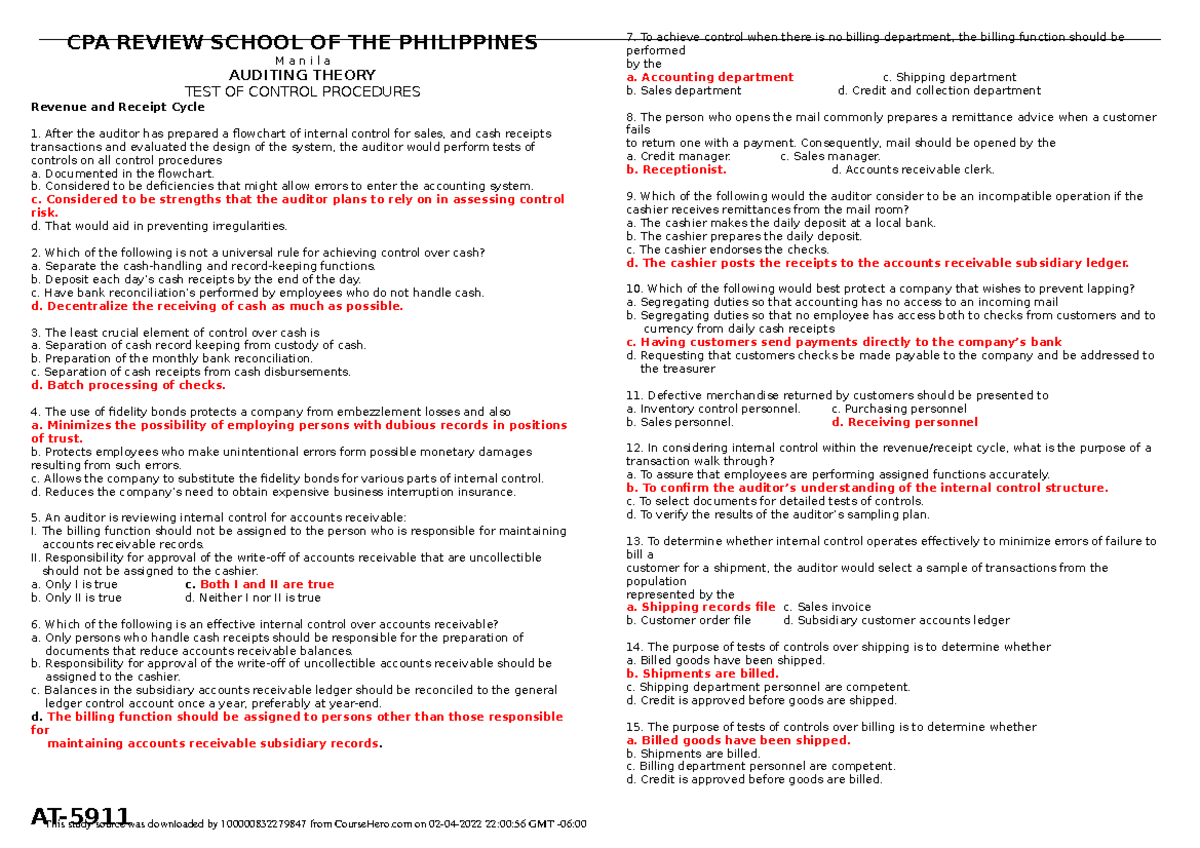 Test of Control Procedures - practice materials - auditing - UV - Studocu