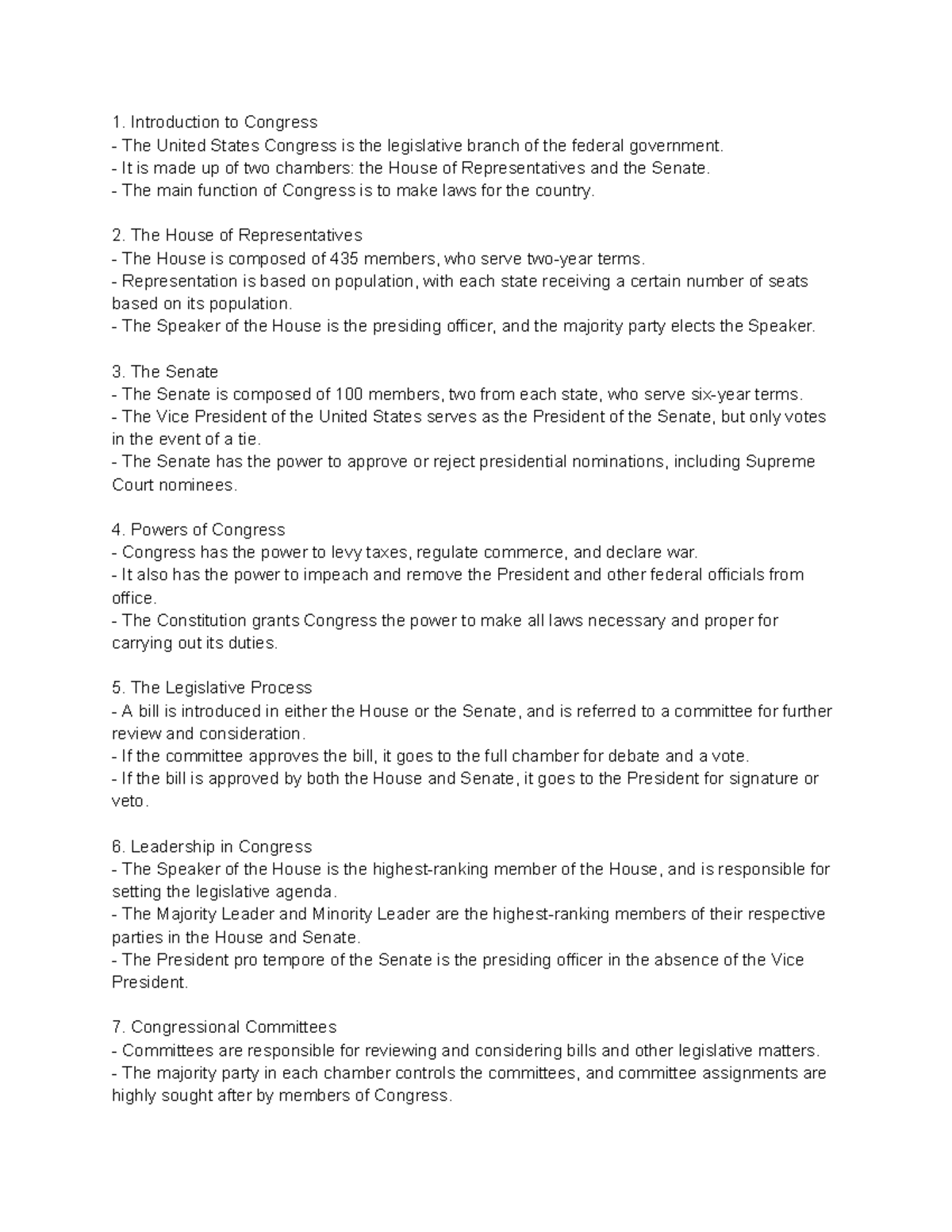 Congress Notes - Introduction to Congress The United States Congress is ...