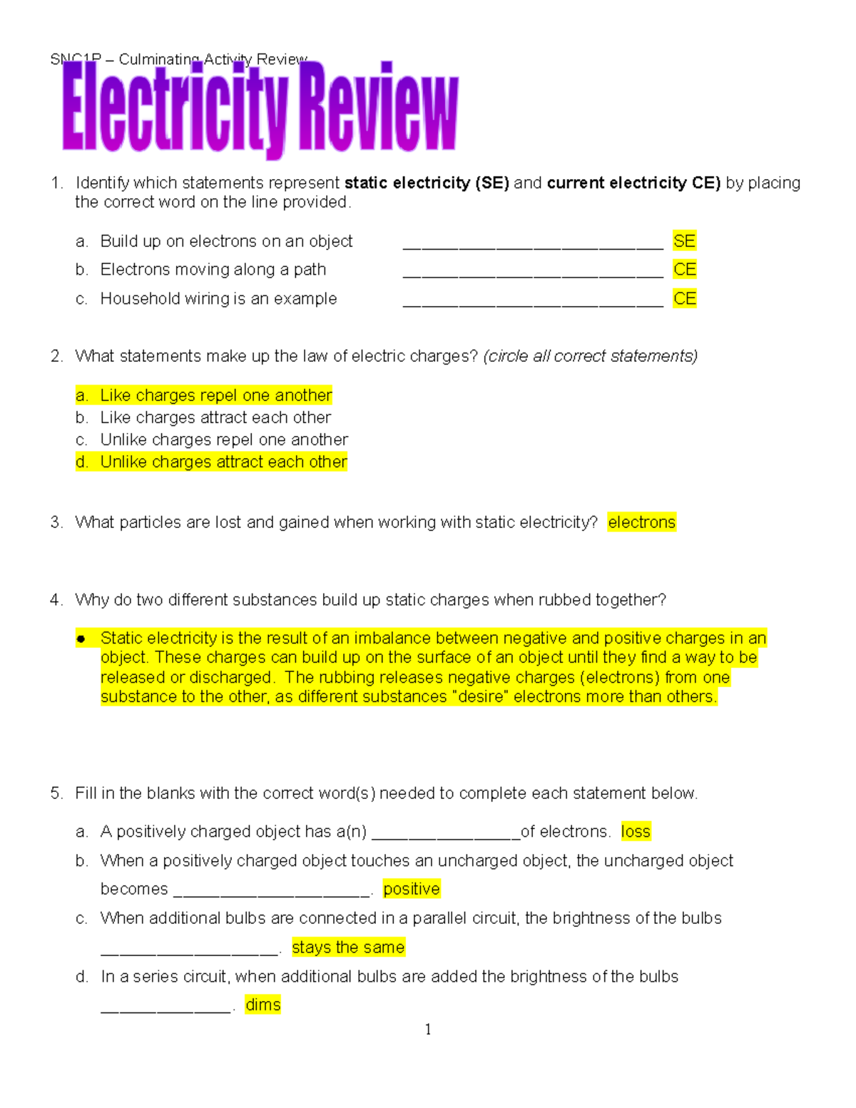 SNC1P - Culminating Activity (Electricity Review) 2017-18.S2 (answers ...