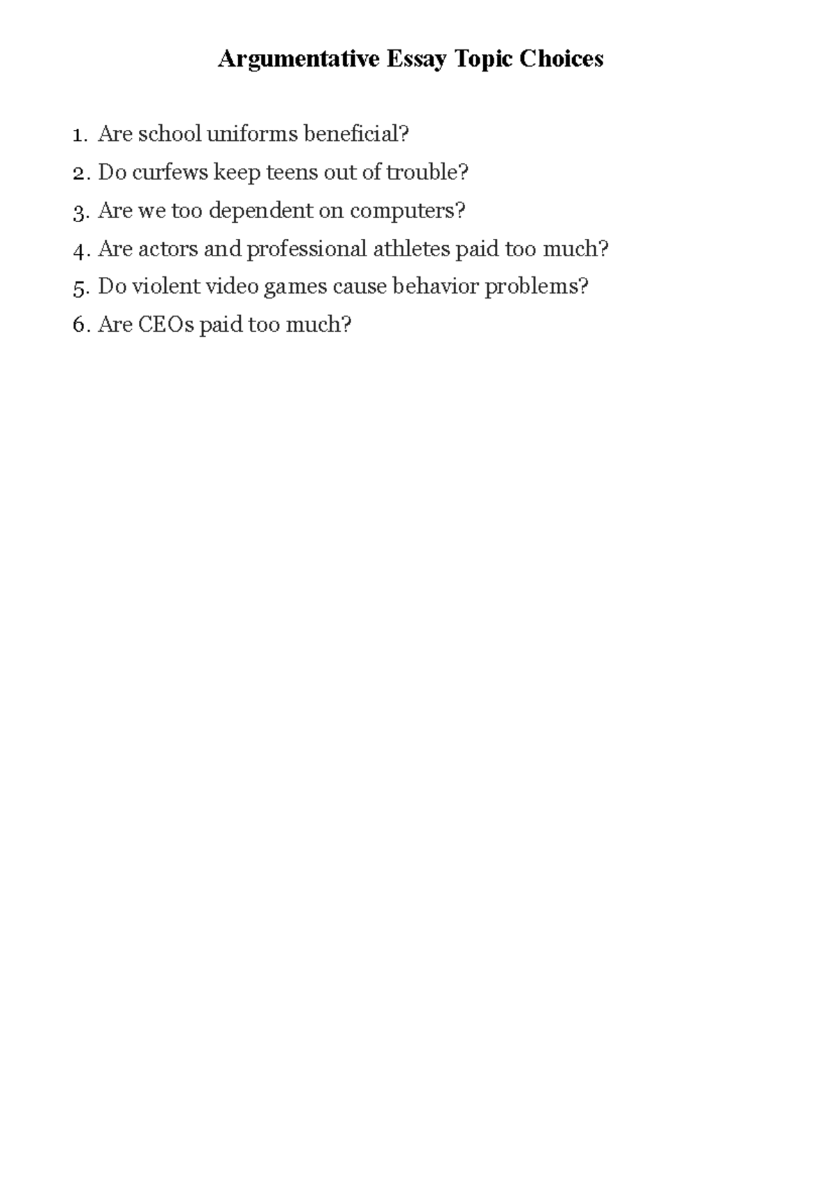 Argumentative Essay Topic Choices Outline - Argumentative Essay Topic ...