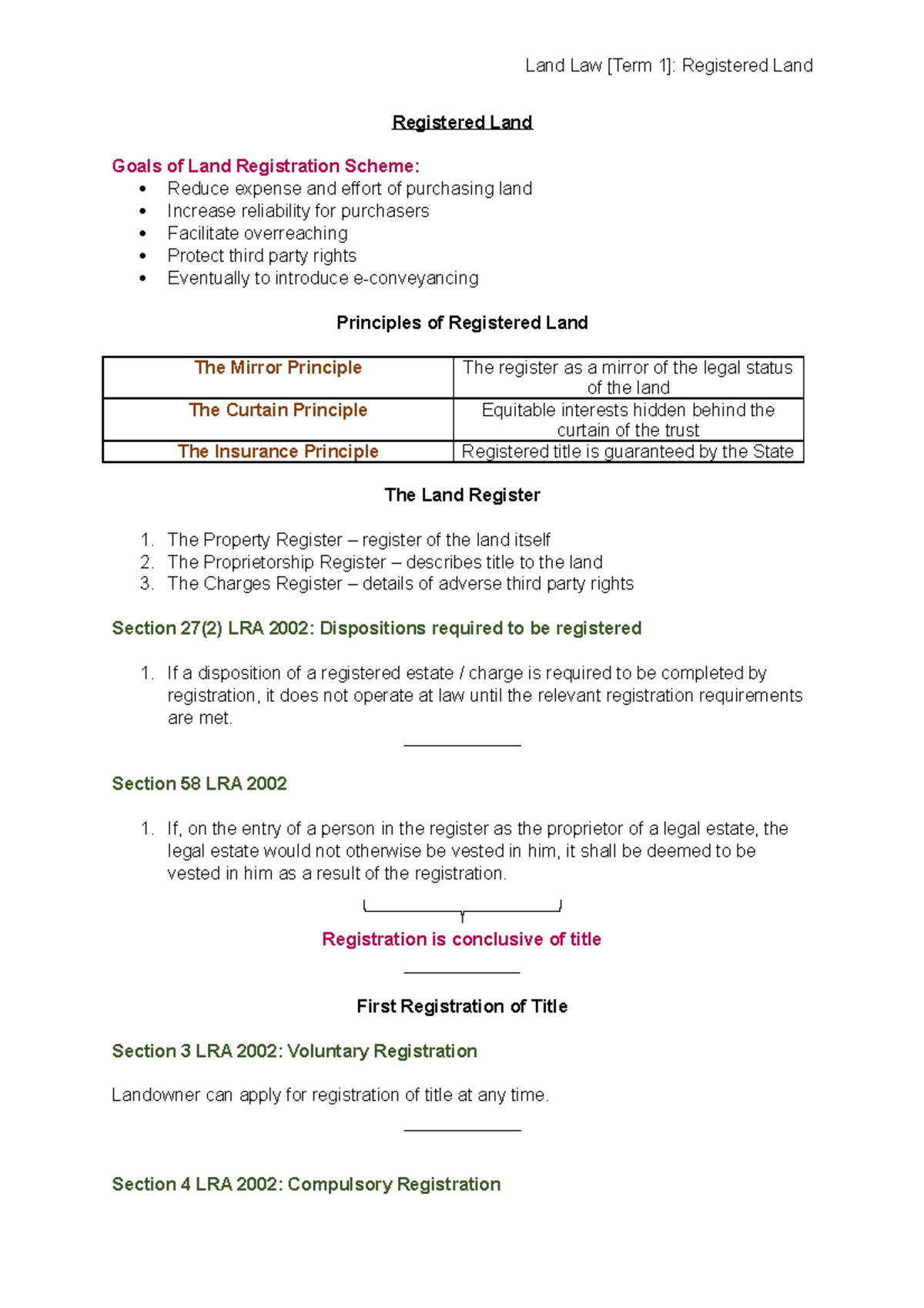 Lecture 3 - Registered Land - Land Law [Term 1]: Registered Land ...
