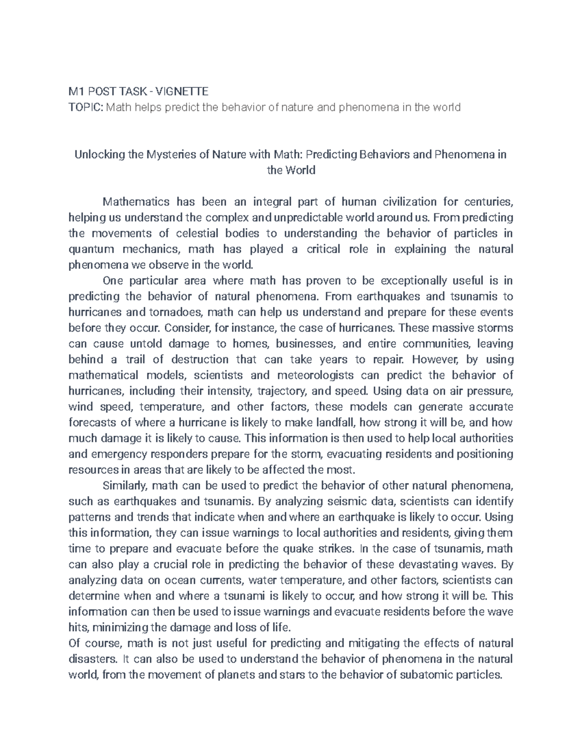 MMW- M1 POST TASK - Vignette - M1 POST TASK - VIGNETTE TOPIC: Math ...