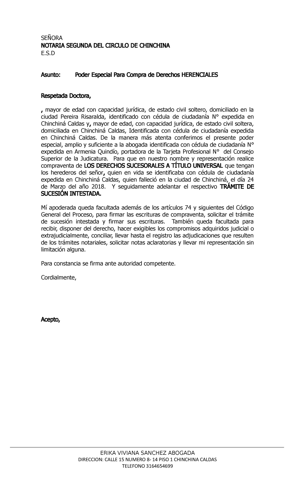 poder para compra y venta de derechos herenciales - SEÑORA NOTARIA SEGUNDA DEL CIRCULO DE ...