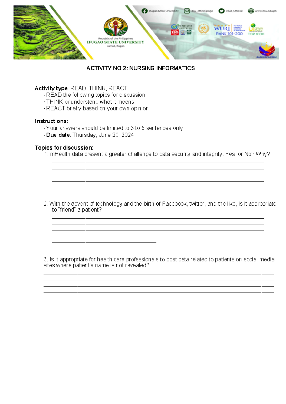 Activity 2: Nursing Informatics (mHealth) - ACTIVITY NO 2: NURSING ...