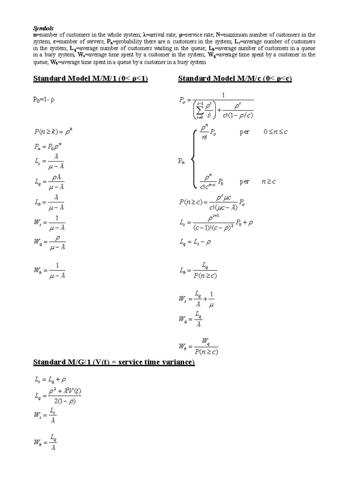 ENG Queueing Theory Formulas - Symbols n =number of customers in the ...
