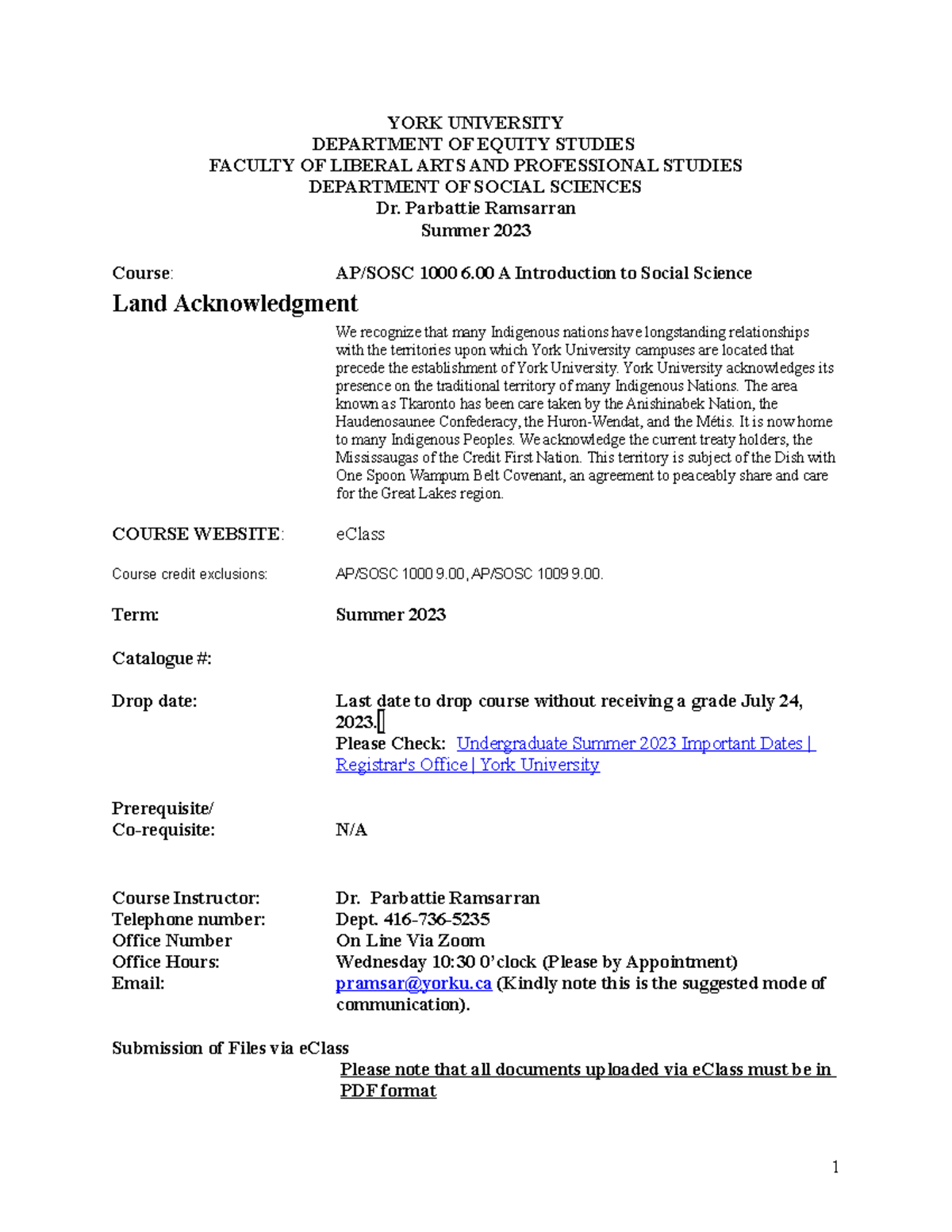 23 SU - SOSC 1000 - Introduction TO Social Science - YORK UNIVERSITY DEPARTMENT OF EQUITY ...