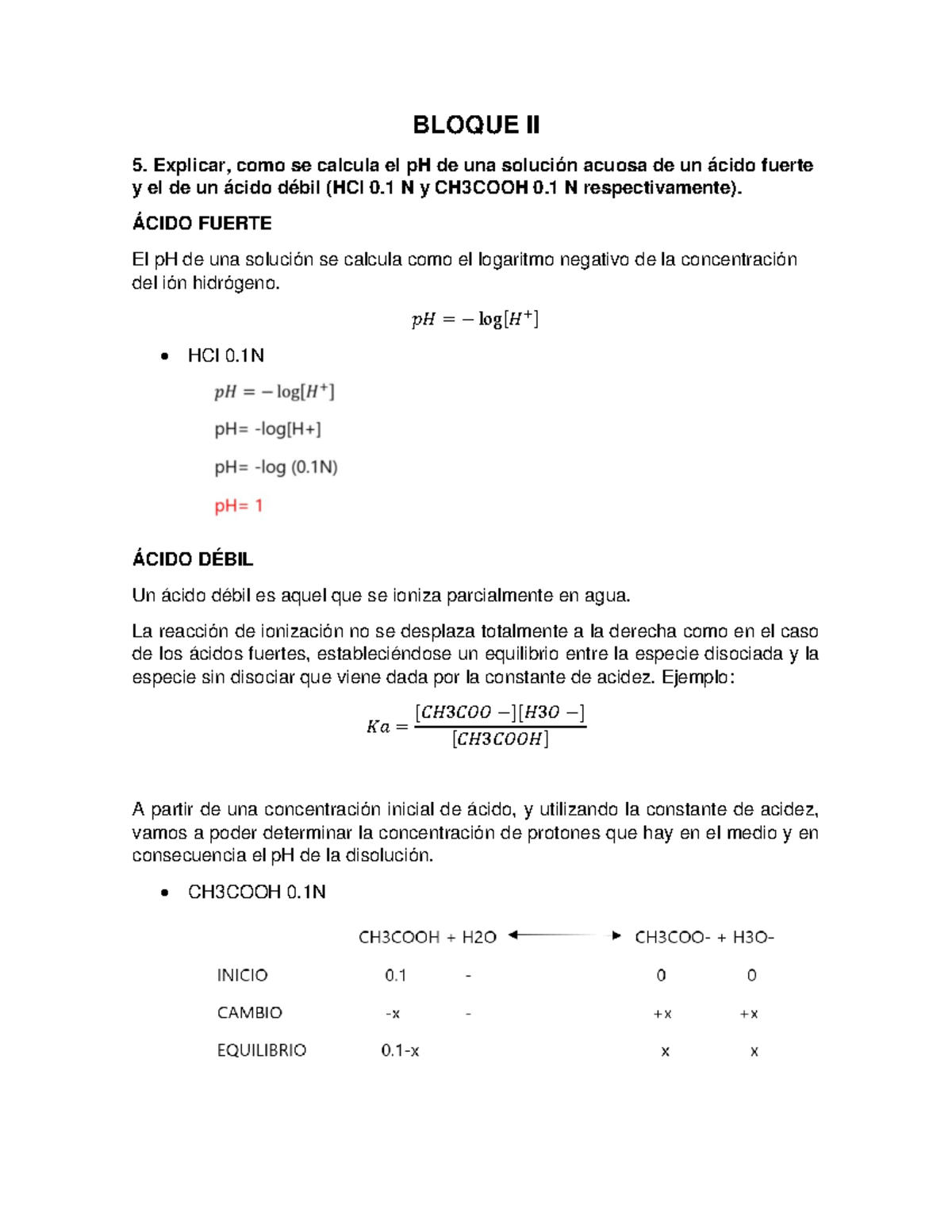 Bloque 2 - Material a revisar - BLOQUE II Explicar, como se calcula el pH de una solución acuosa ...