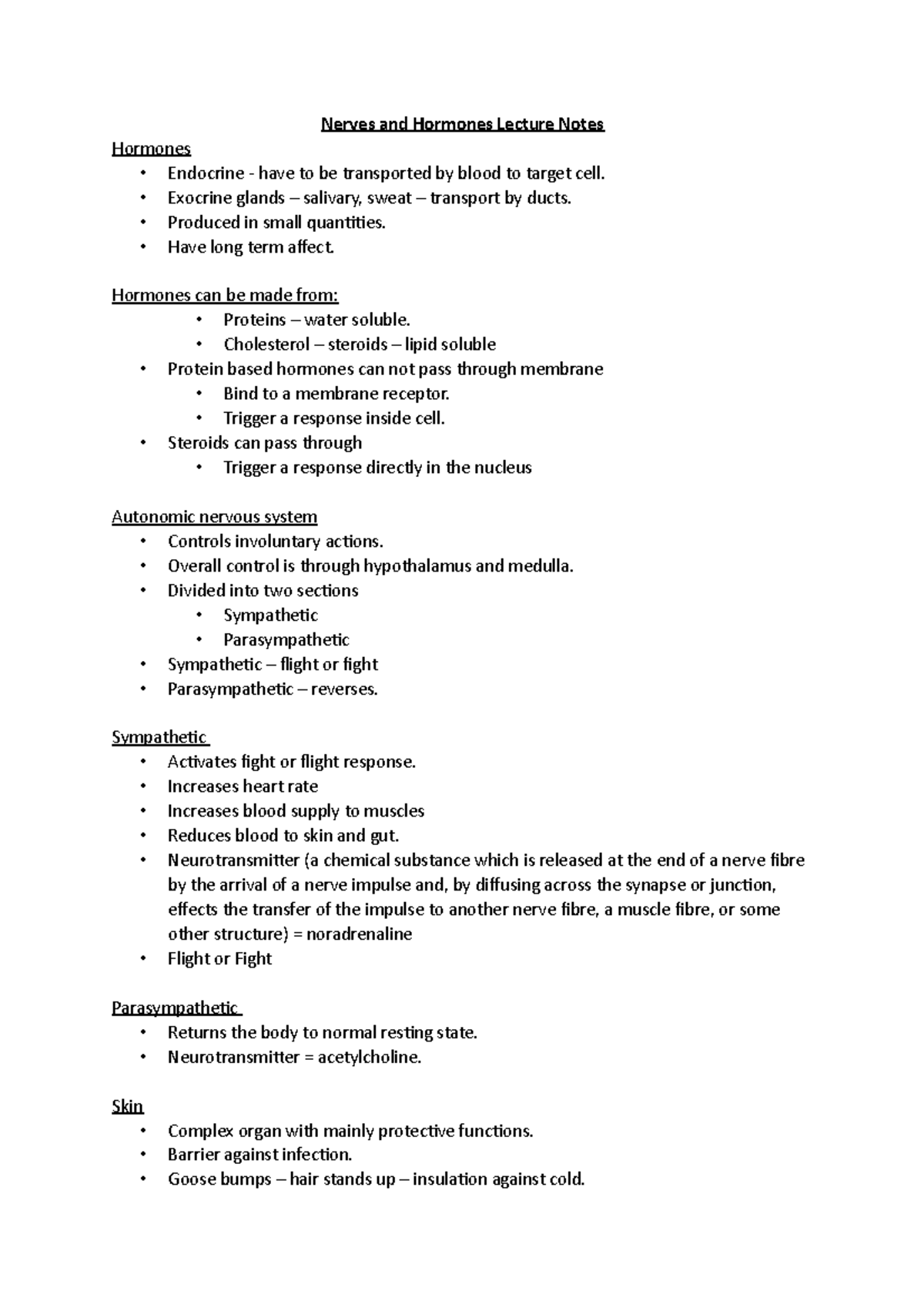 Nerves and Hormones Lecture Notes - Nerves and Hormones Lecture Notes ...