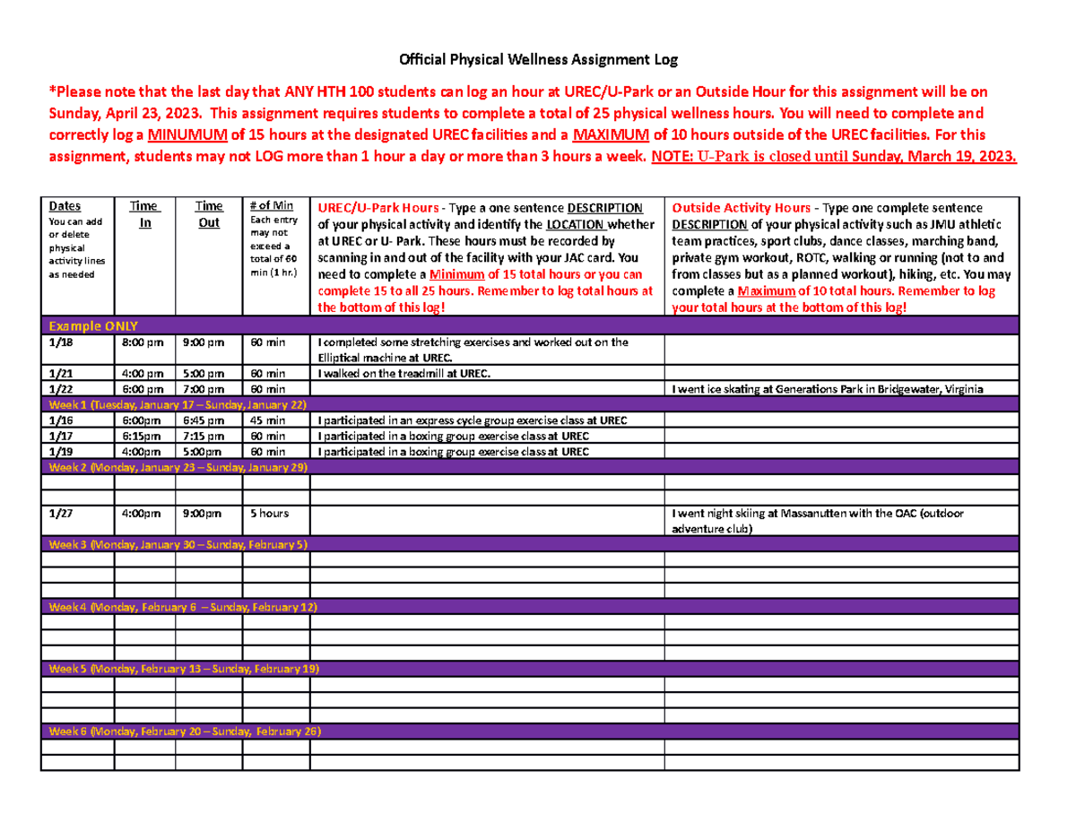 Physical-wellness-log - Official Physical Wellness Assignment Log ...