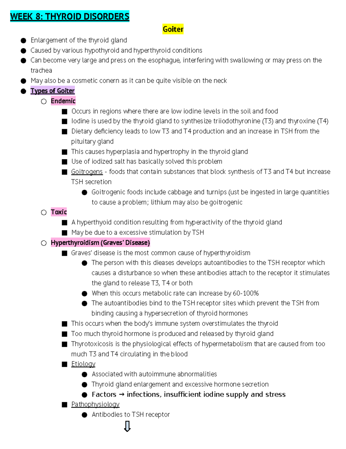Patho 2 Notes WEEK 8-13 - WEEKS 8-13 - WEEK 8: THYROID DISORDERS Goiter ...