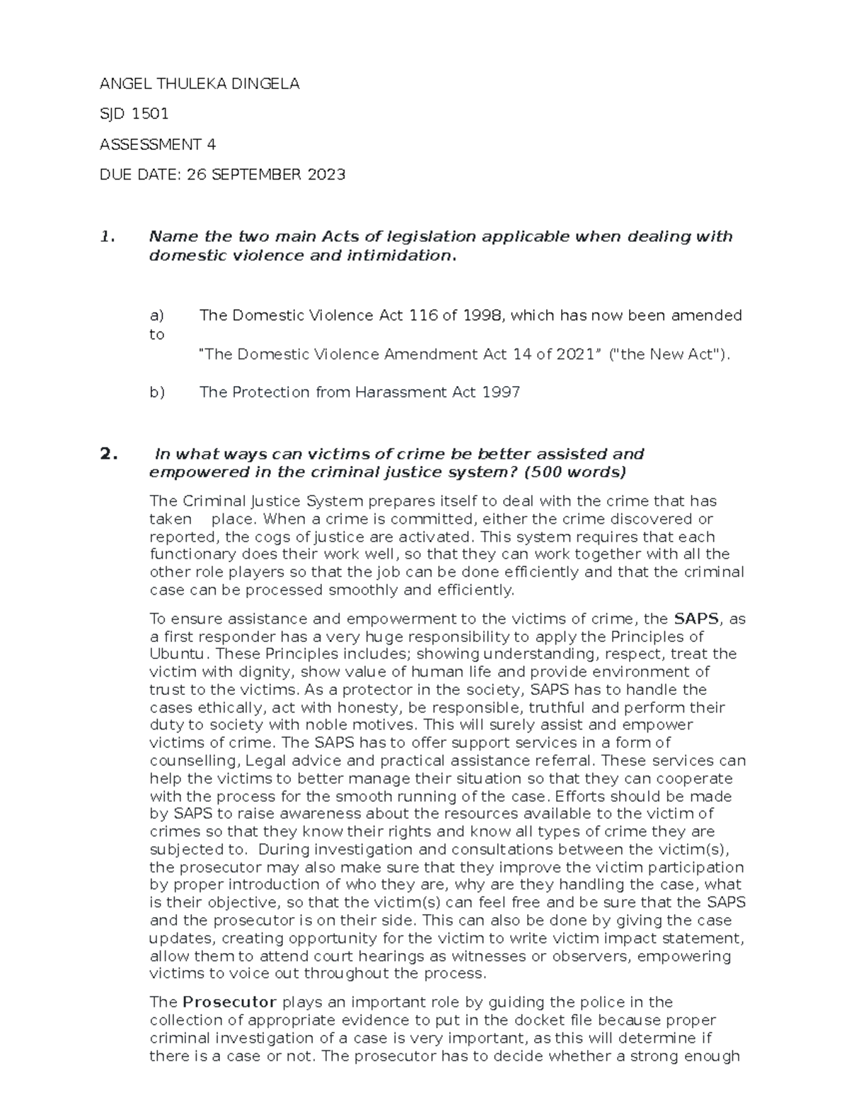 ASSESSEMENT 4: CRIMINAL JUSTICE SYSTEM - ANGEL THULEKA DINGELA SJD 1501 ...