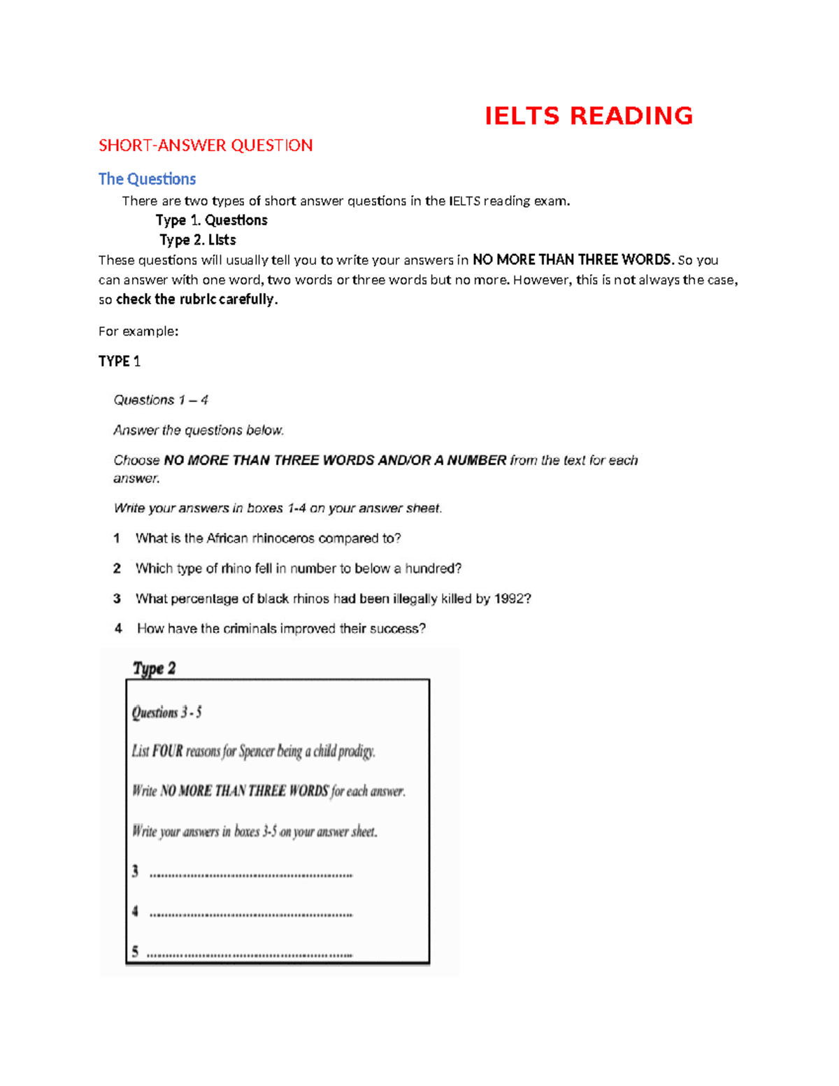 Ielts Reading 2 - not - IELTS READING SHORT-ANSWER QUESTION The Questions There are two types of ...