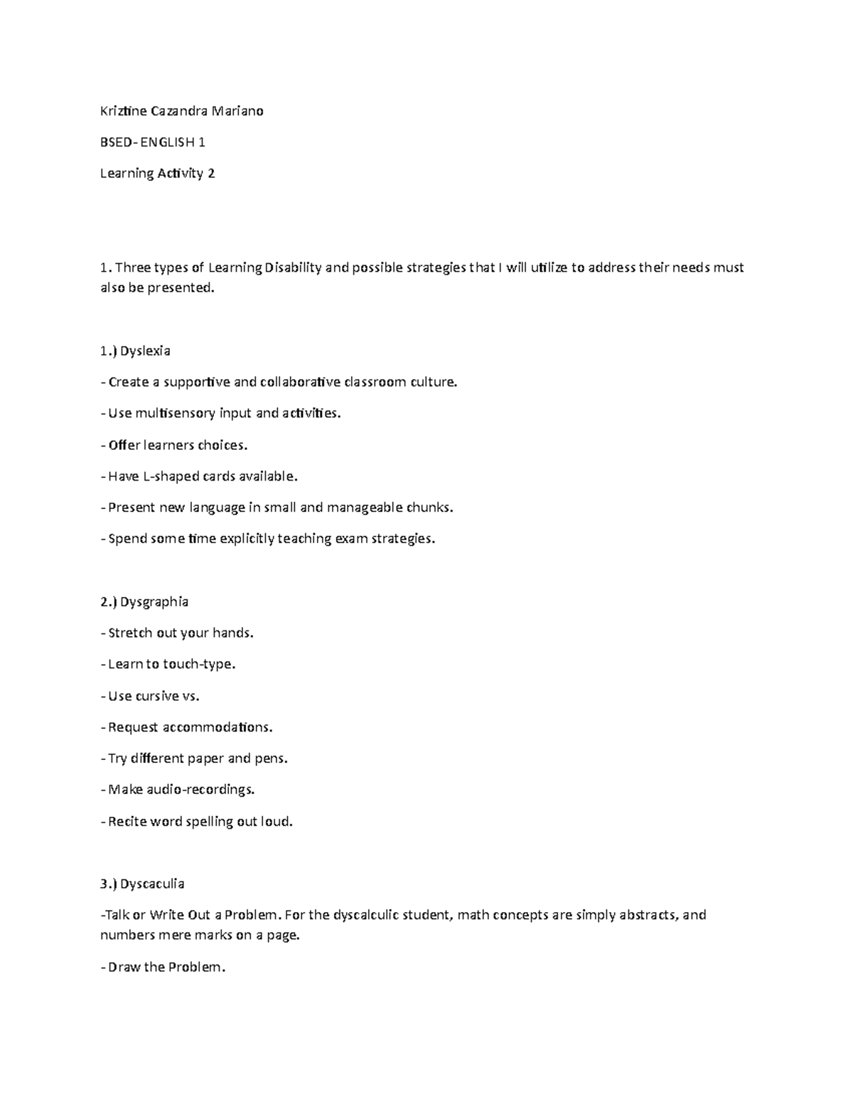 Document - Answer key - Kriztine Cazandra Mariano BSED- ENGLISH 1 ...