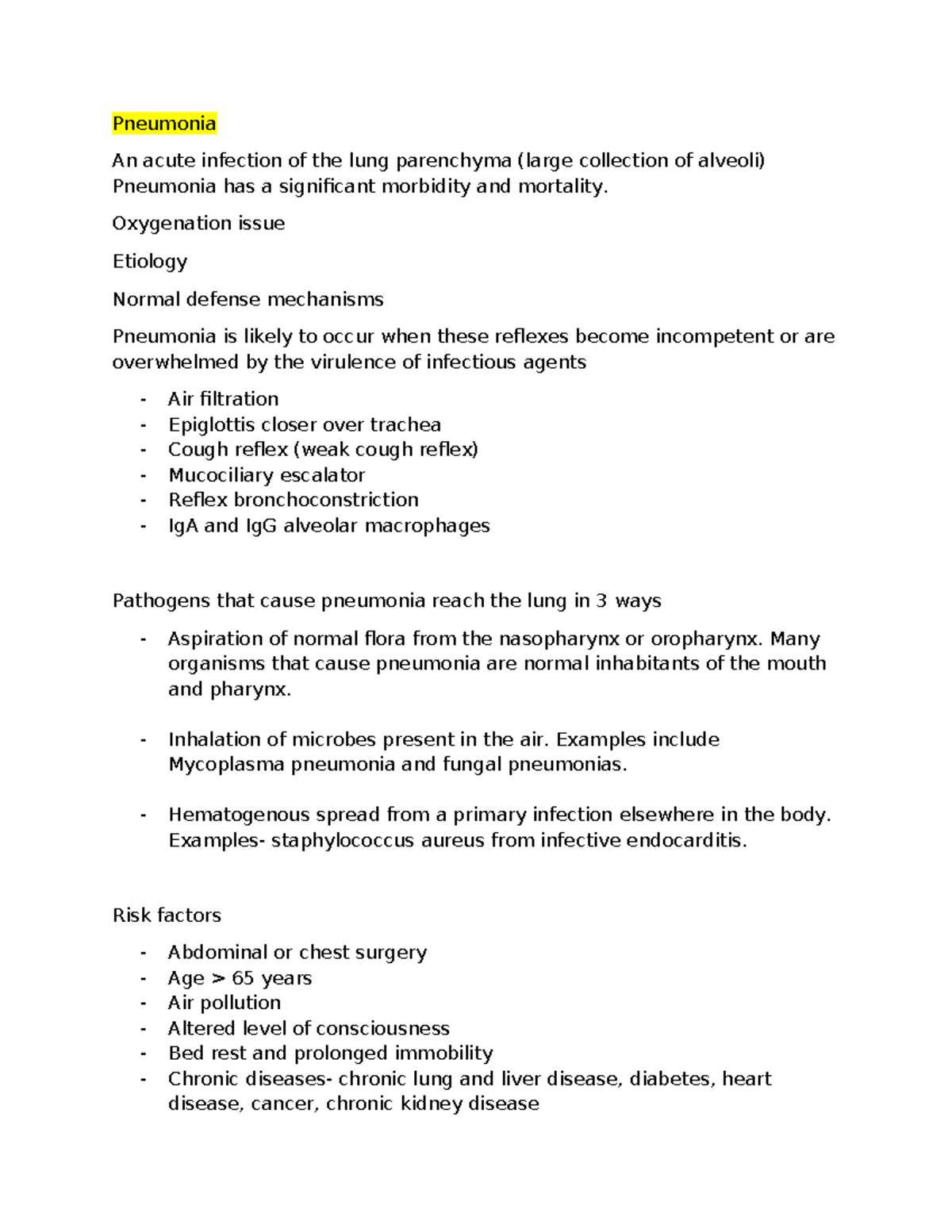 Cardio Exam 2 - lecture notes - Pneumonia An acute infection of the ...