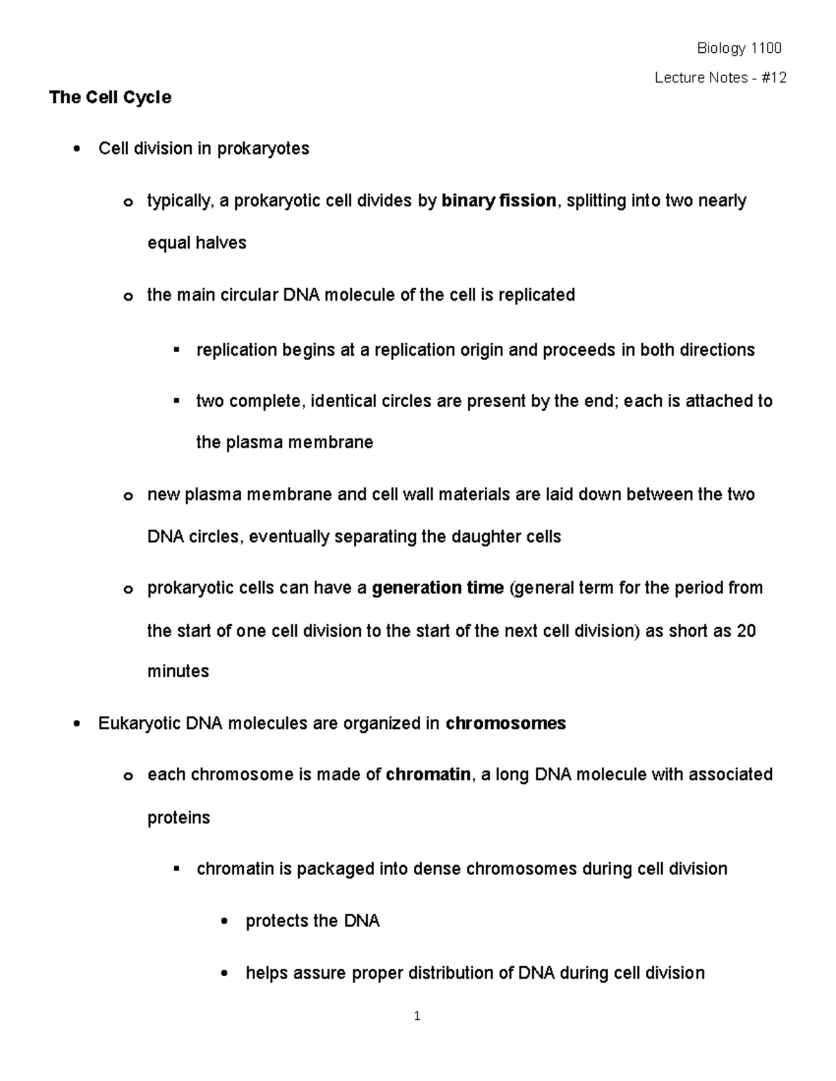 2021 BIOL 1100 Lecture Notes No - The Cell Cycle Lecture Notes - # Cell ...