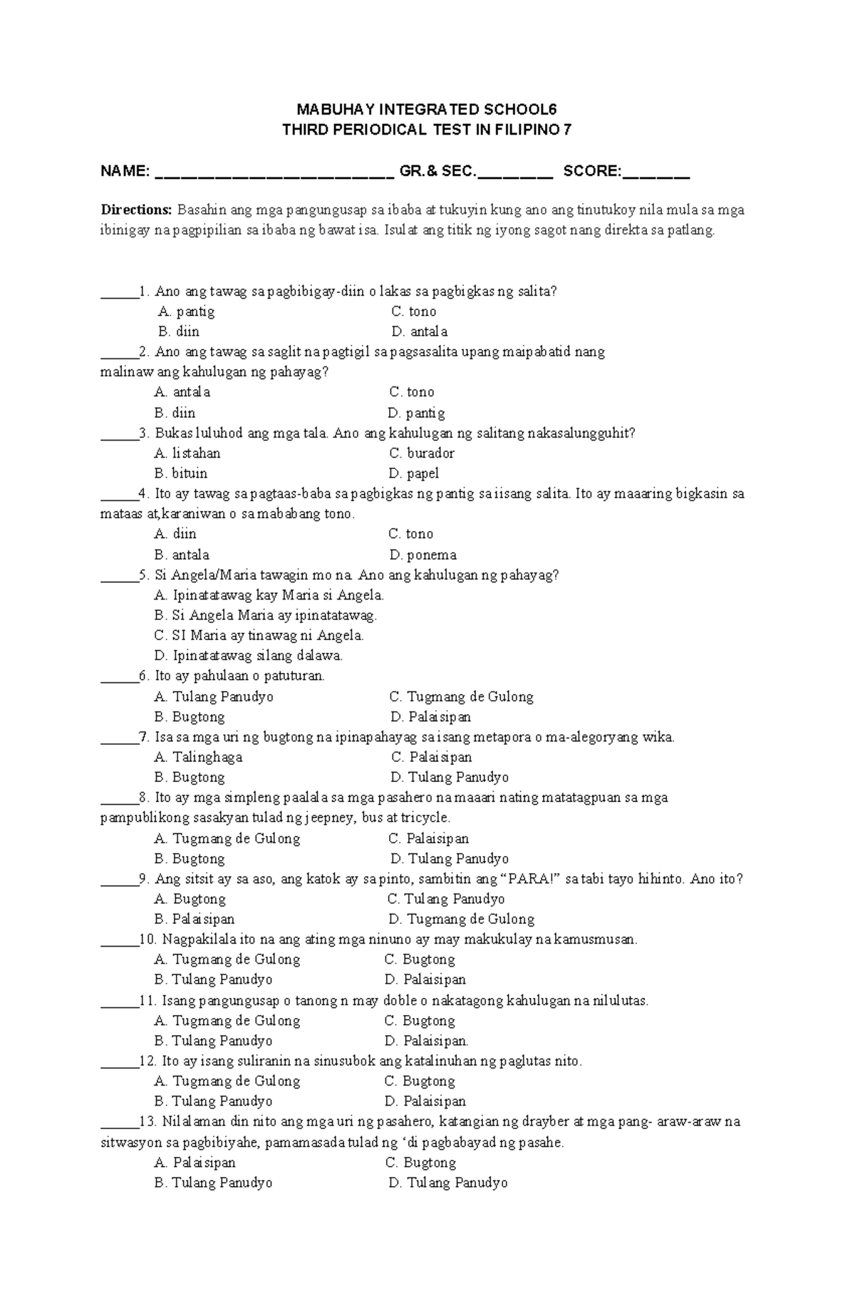 PT G7 Filipino - MABUHAY INTEGRATED SCHOOL THIRD PERIODICAL TEST IN ...