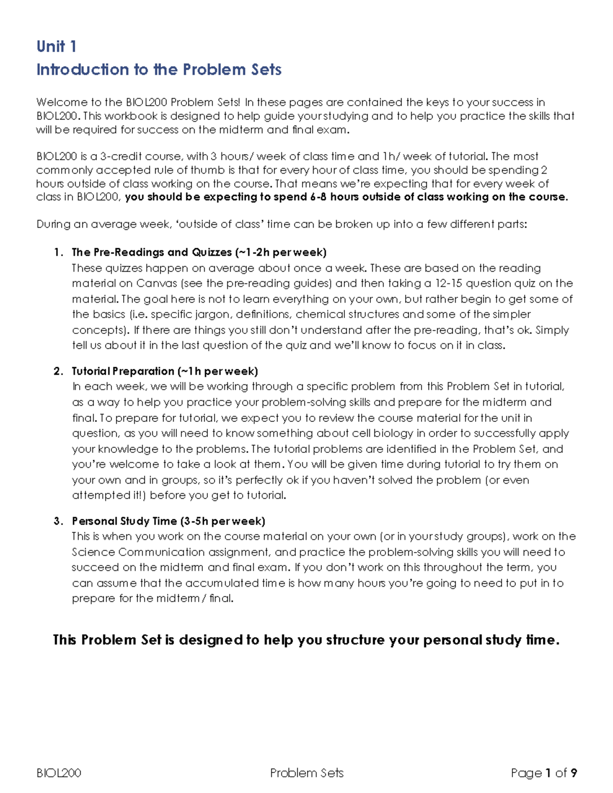 Unit1 Problem Set - Unit 1 Introduction to the Problem Sets Welcome to the BIOL200 Problem Sets ...