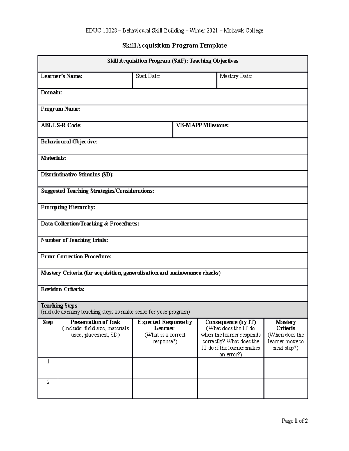 Skill Acquisition Program 1 - EDUC 10028 – Behavioural Skill Building ...