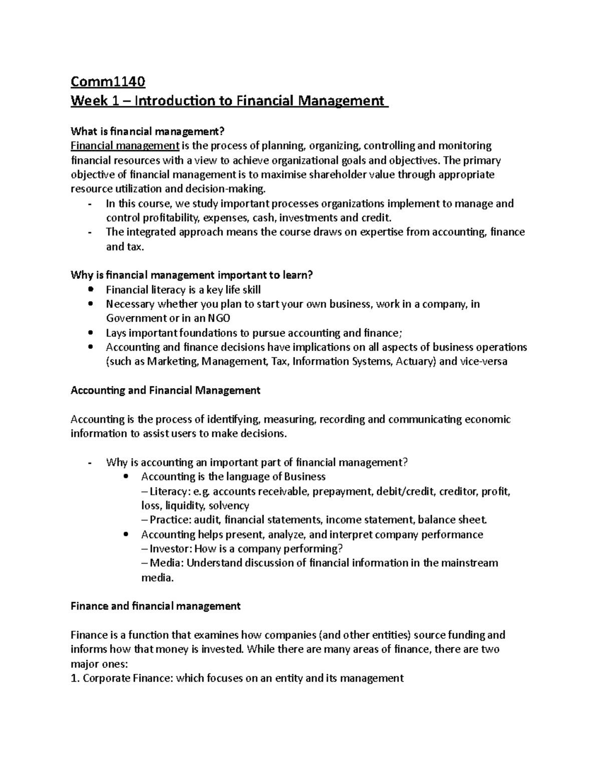 Comm1140 set1-10 detailed analysis from lecture slides - Comm Week 1 – Introduction to Financial ...